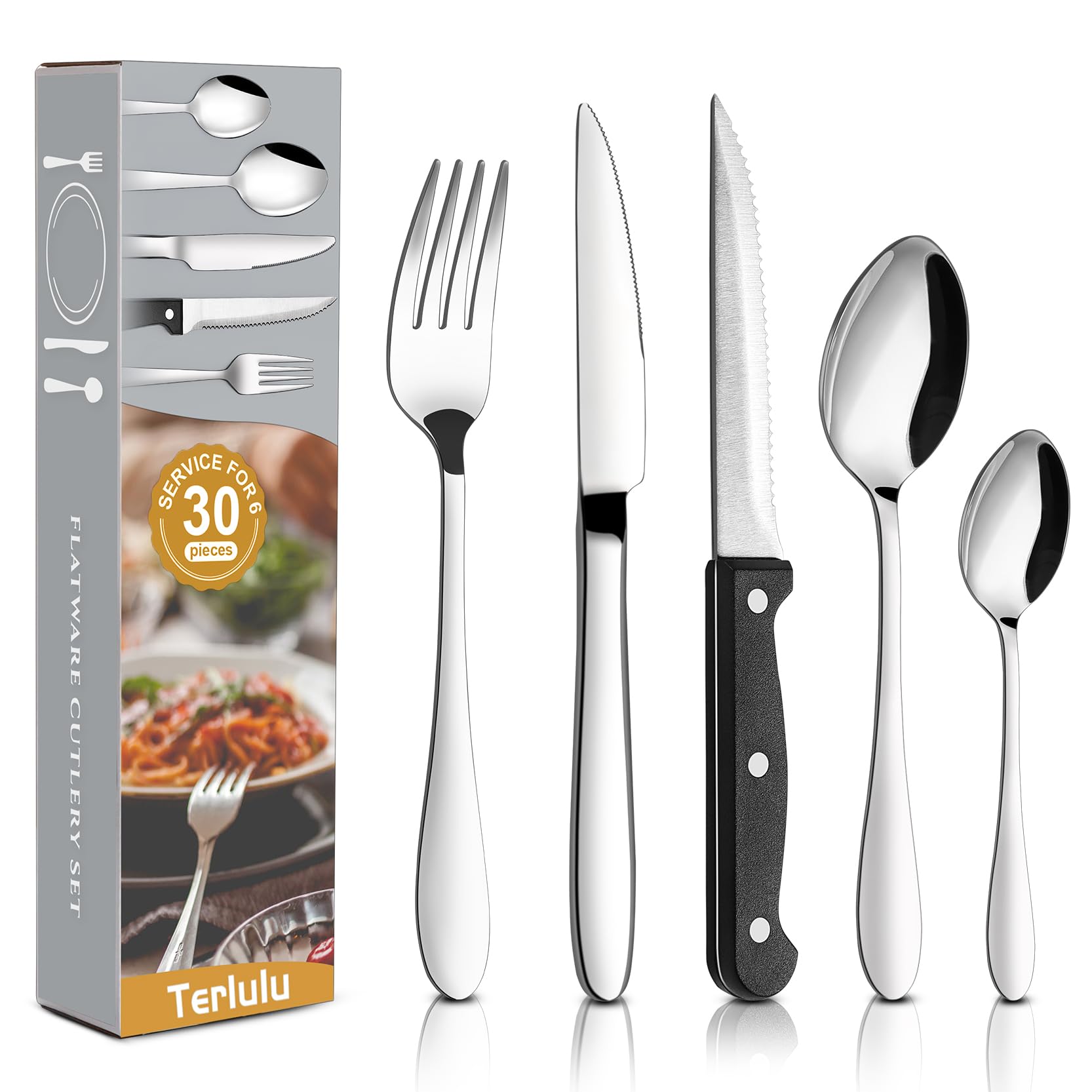 30 Piece Cutlery Sets with 6 Piece Steak Knives, Stainless Steel Silver ...
