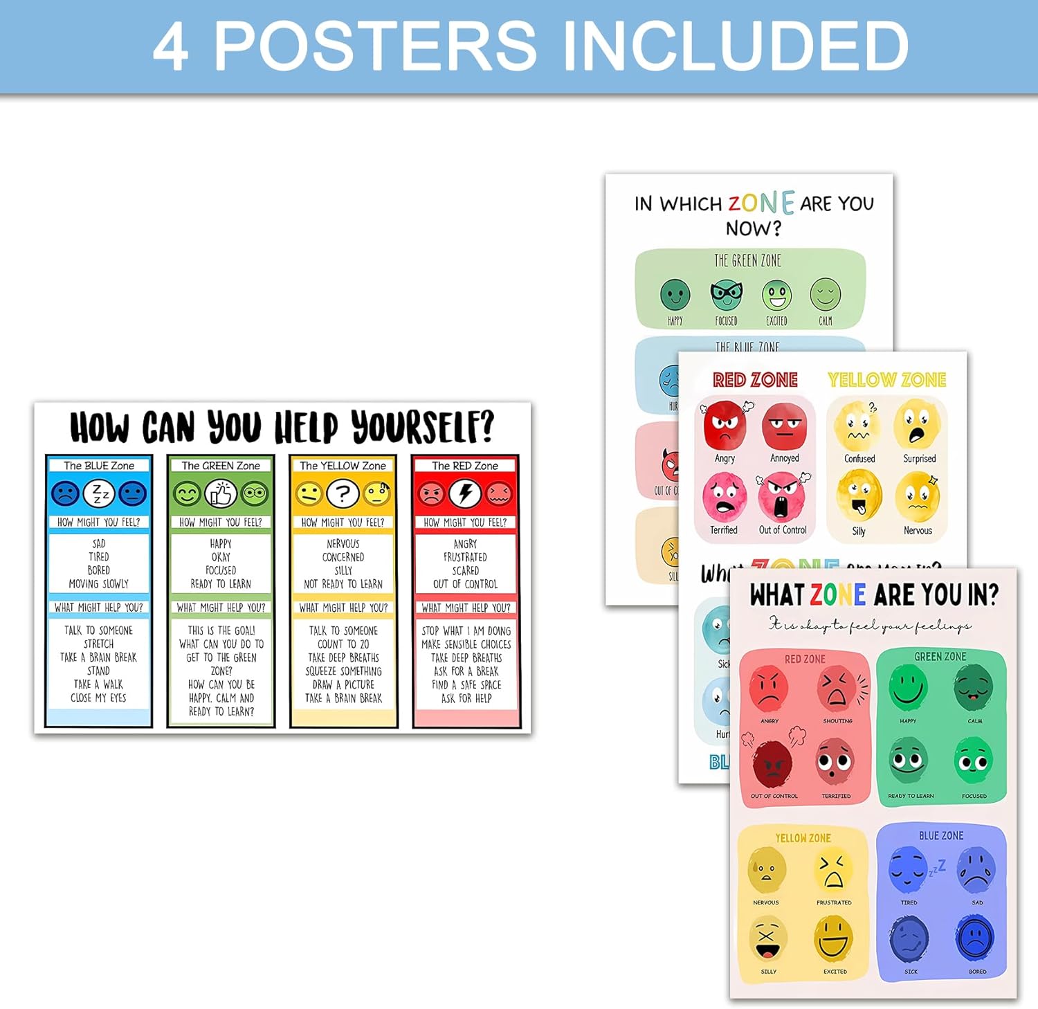 DEVENALSA 4 Feelings Chart For Kids, Zones of Regulation Poster ...