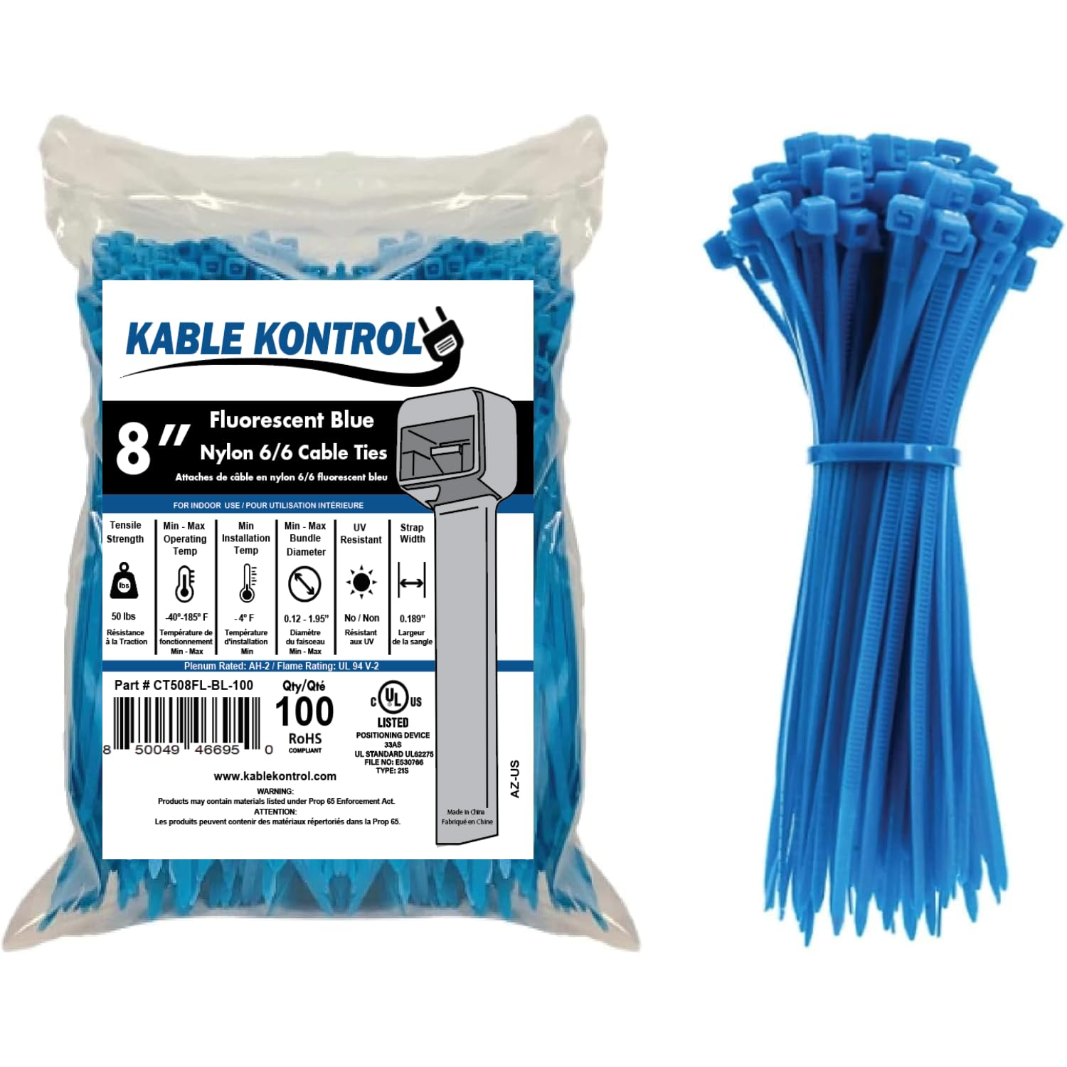 Amazon.com: Kable Kontrol Fluorescent Blue Zip Ties 8 Inch 100 Pcs, 50 ...