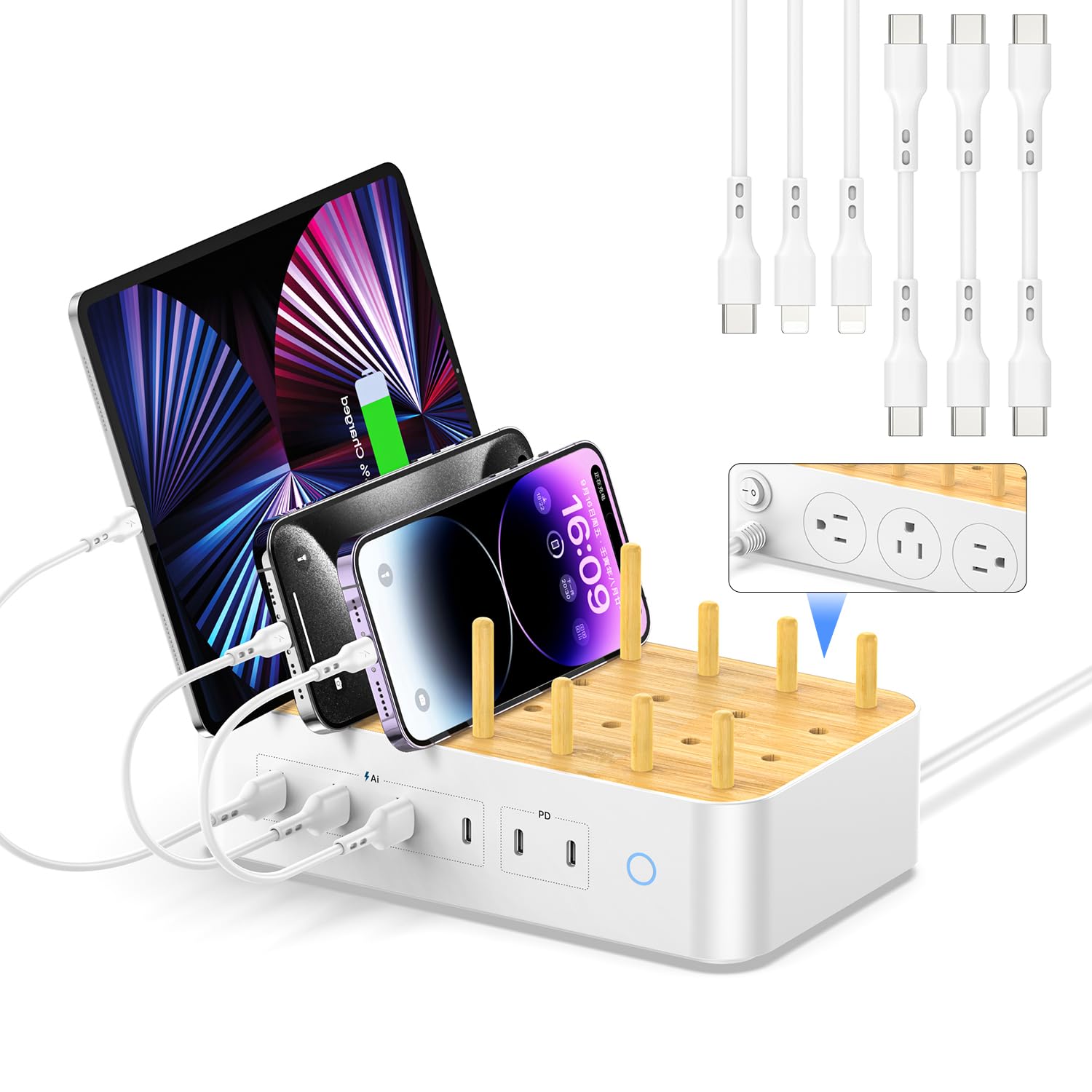 VisionSync Bamboo USB-C Charging Station for Multiple Devices,60W 6 ...