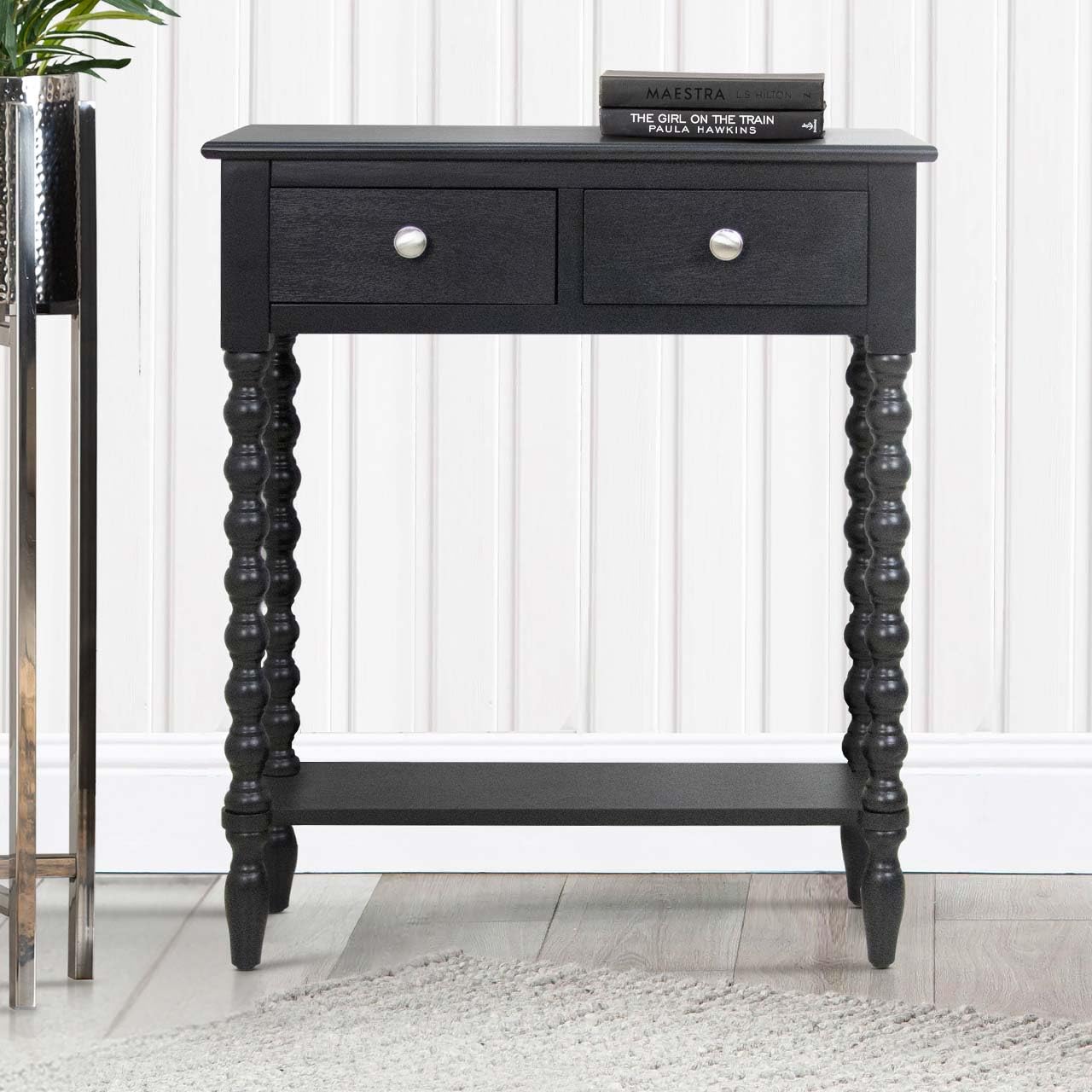 60cm Slim Console Table with 2 Drawers, Modern Black Wooden Entryway ...