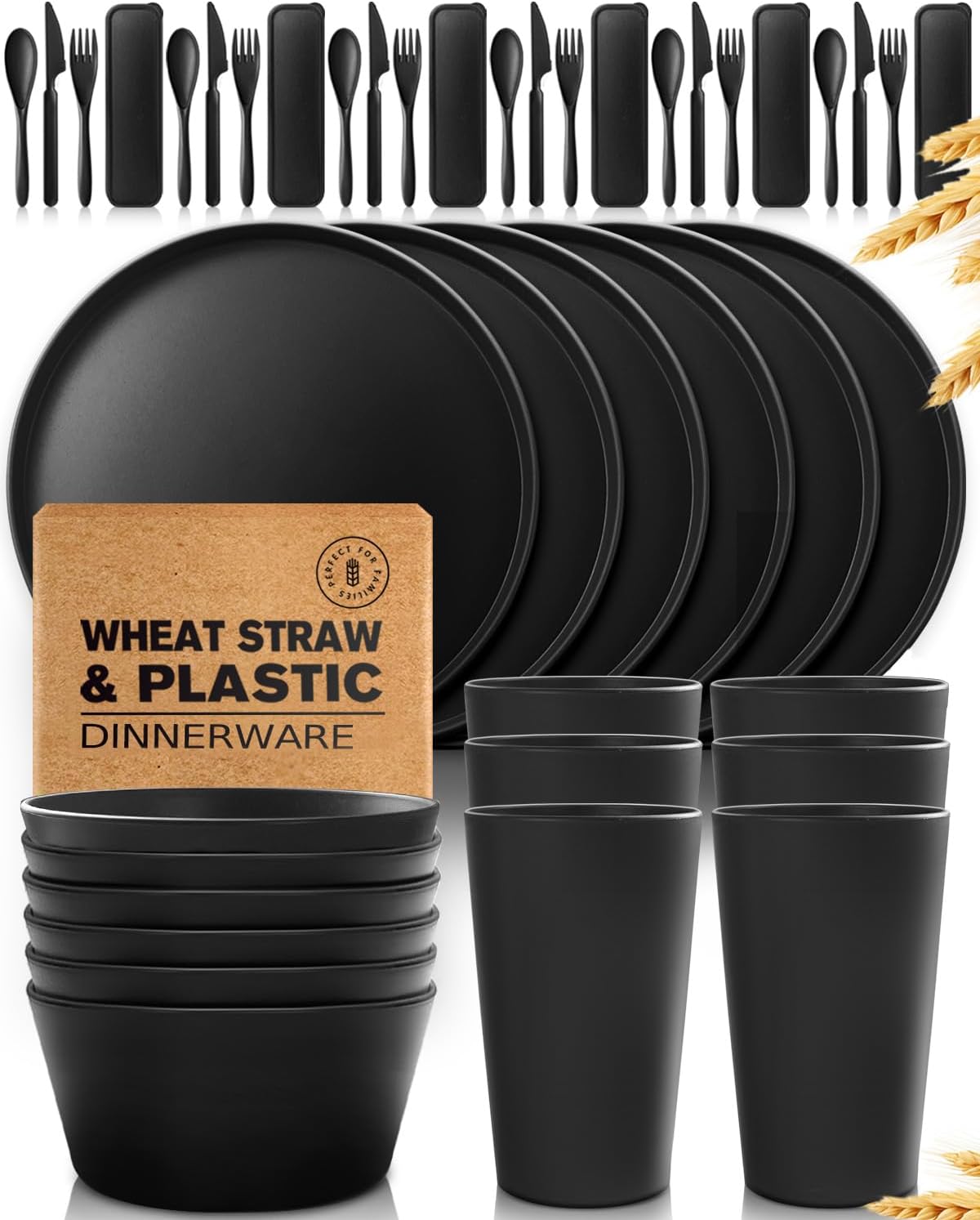 Amazon.com: Teivio 18-Piece Kitchen Plastic Flat Wheat Straw Dinnerware ...