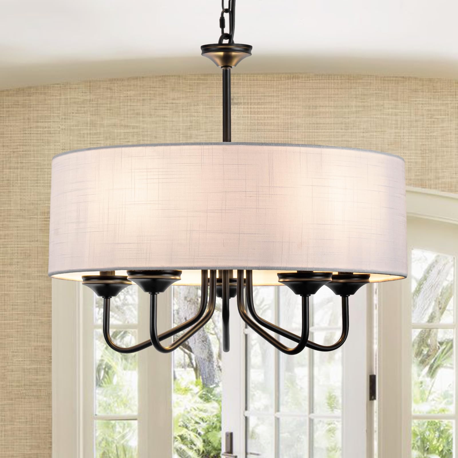 Drum Chandelier, 5-Light Black Chandelier with White Linen Shade ...