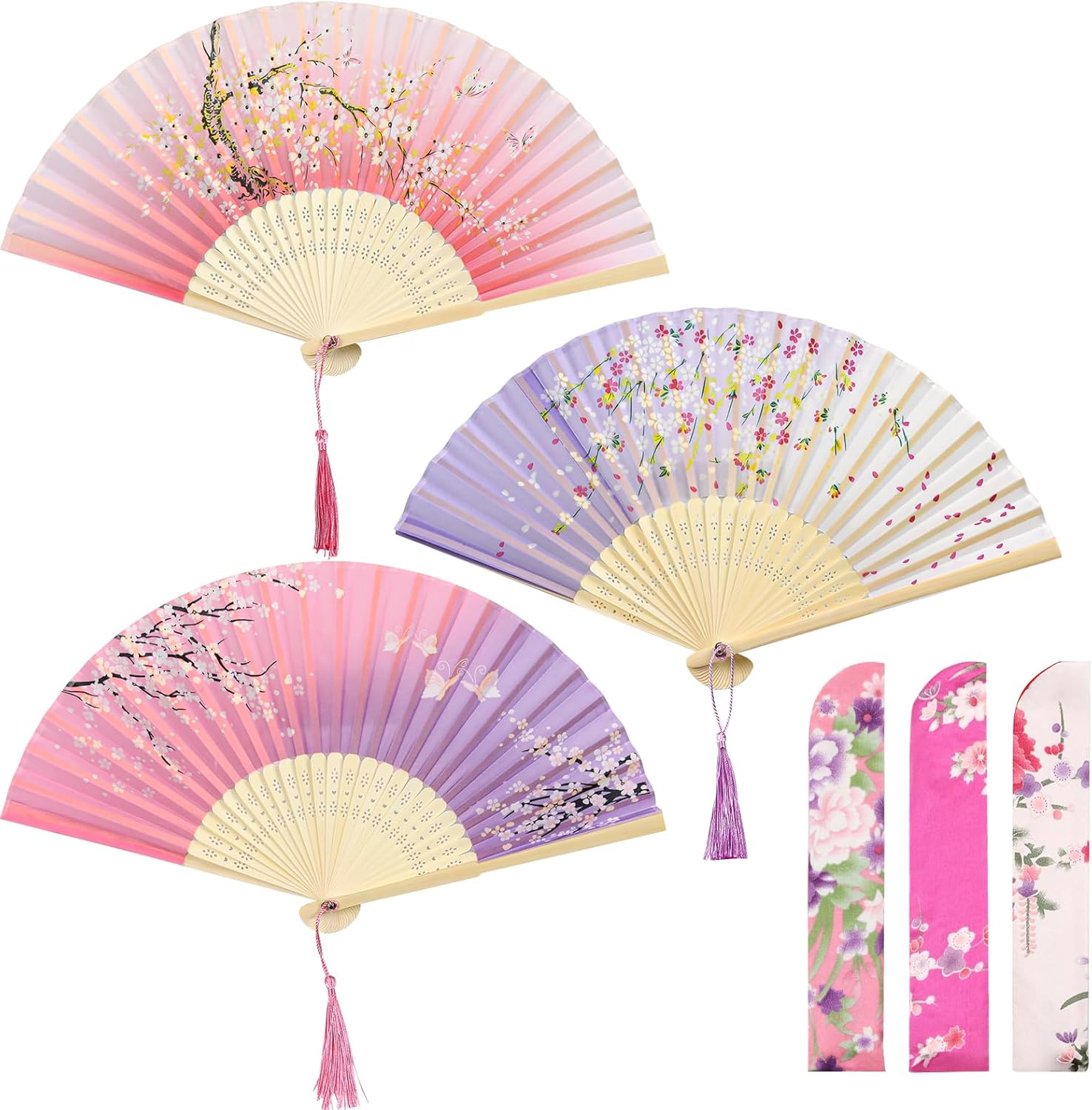 wokdsbl 3PCS Folding Hand Fans with Tassel and Fabric Sleeves, Bamboo ...