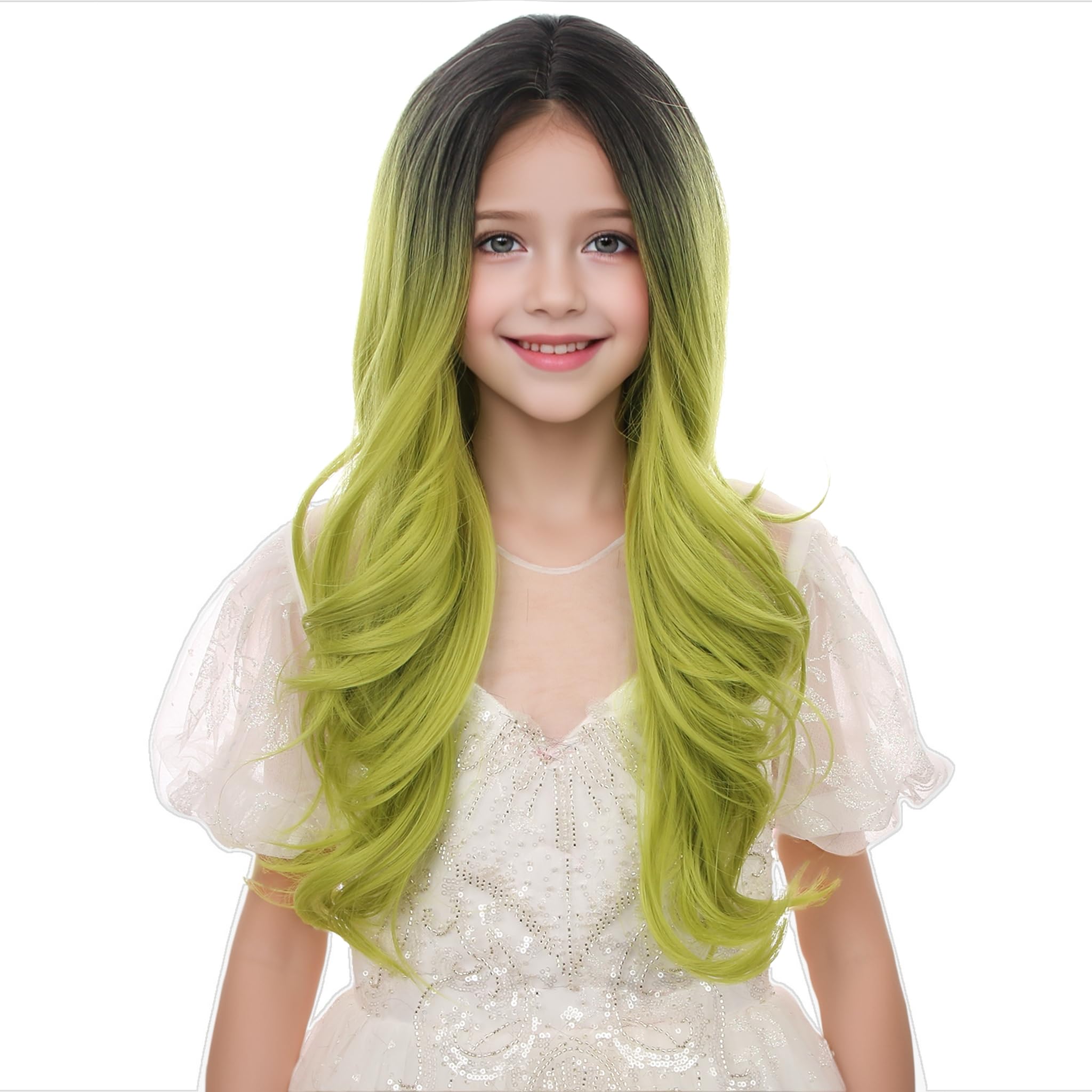 Amazon.com : WAVELNM Kids Green Wig Girls Black Ombre Green Wig Long ...