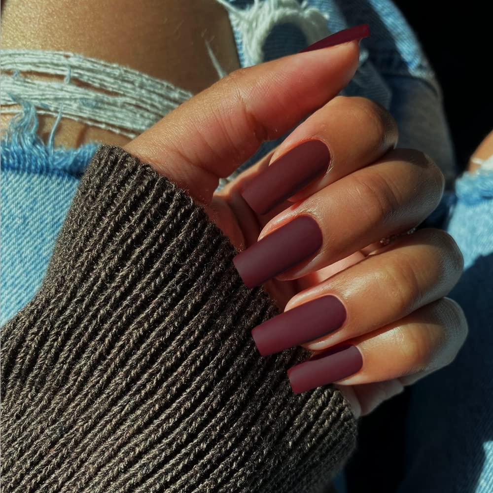 Amazon.com: Matte Wine Red Press on Nails Medium Long Square,KQueenest ...
