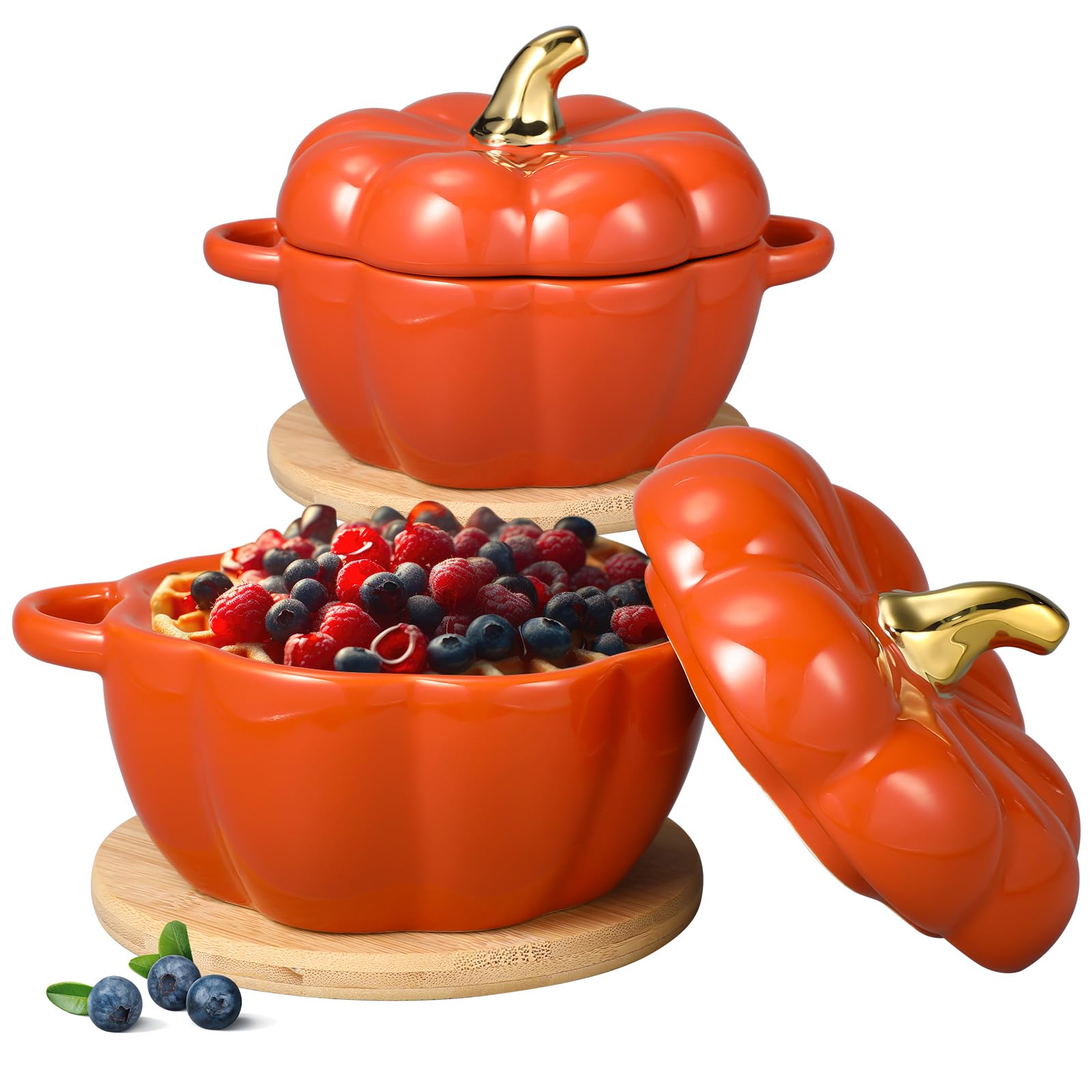 Amazon.com: Zhehao Set of 2 Ceramic Pumpkin Bowl with Lid 15 oz Pumpkin ...