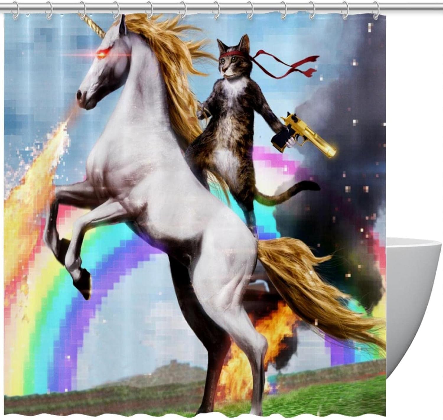 Amazon.com: KXO Fantasy Cat Riding a Unicorn Shower Curtain Waterproof ...