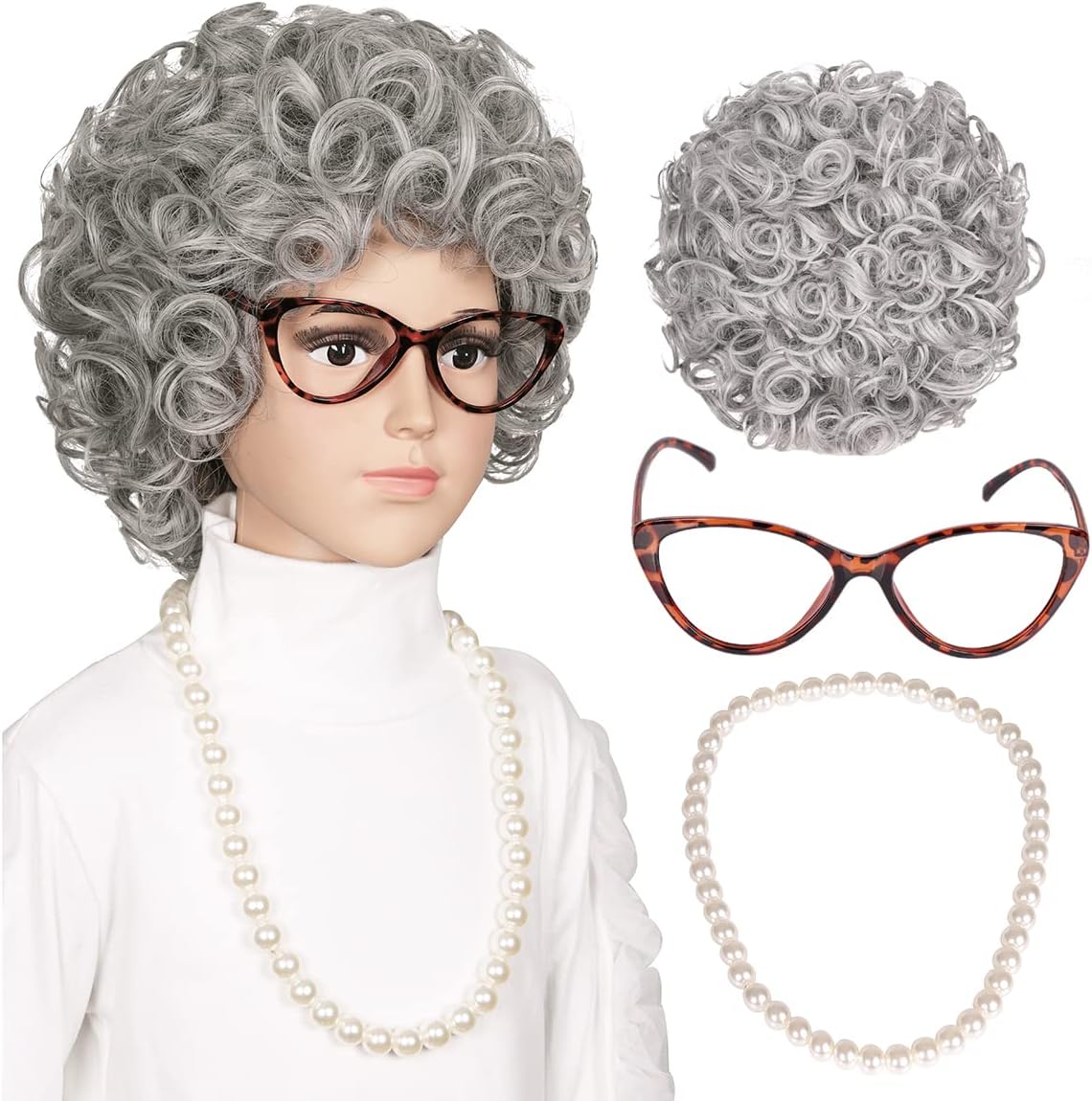 Amazon.com: ColorGround Kids Old Lady Gray Curly Cosplay Wig 100th Day ...
