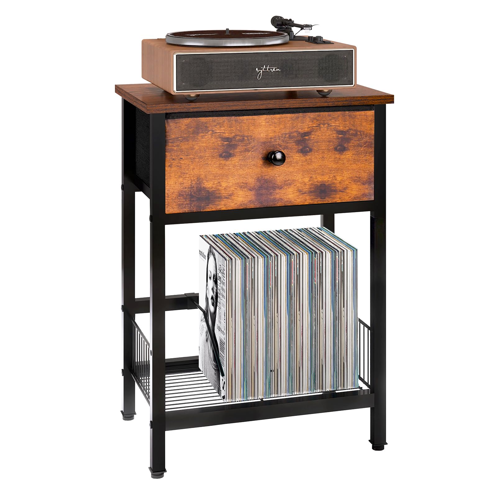Record Player Stand with Vinyl Storage, 2 Tier Nightstand with Drawer ...