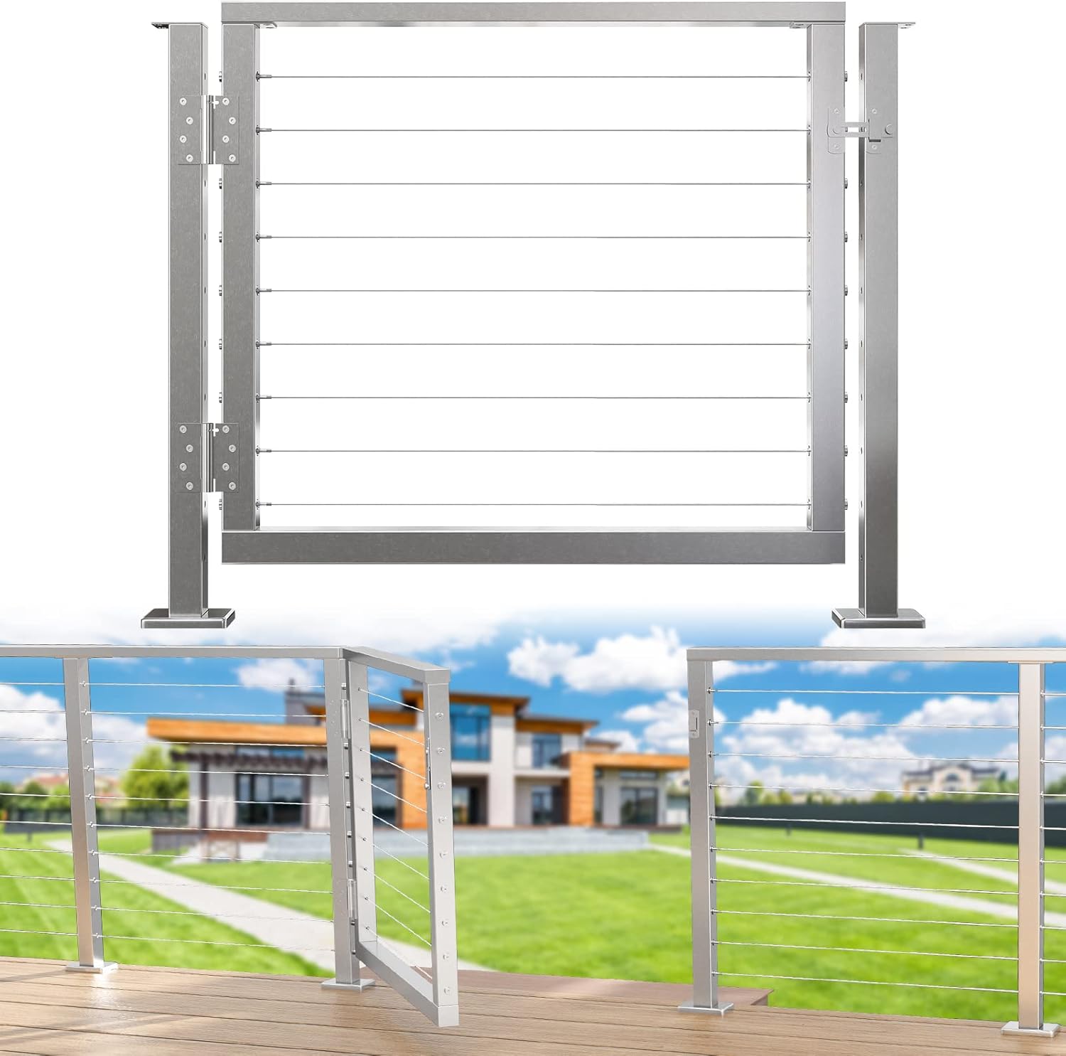 Muzata Cable Railing Gate 91.4 x 5.1 x 106.7 cm Stainless Steel Brushed ...