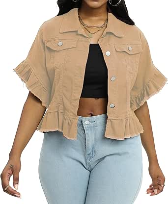 vunahzma Ripped Denim Jacket For Women Sexy Ruched Short Sleeve Classic ...