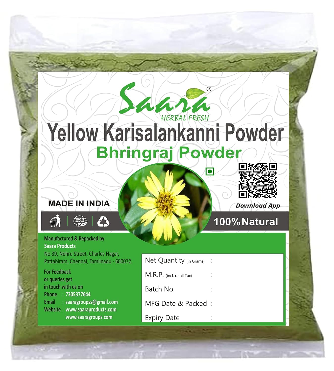 Buy Saara HERBAL FRESH Yellow Karisalankanni Powder, 50g, Bhringaraj ...
