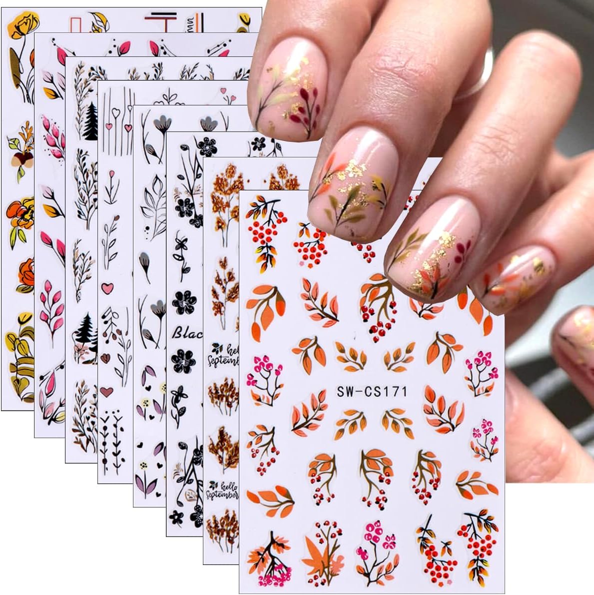 Amazon.com: 6 Sheets Fall Nail Art Stickers, 3D Maple Leaf Self ...