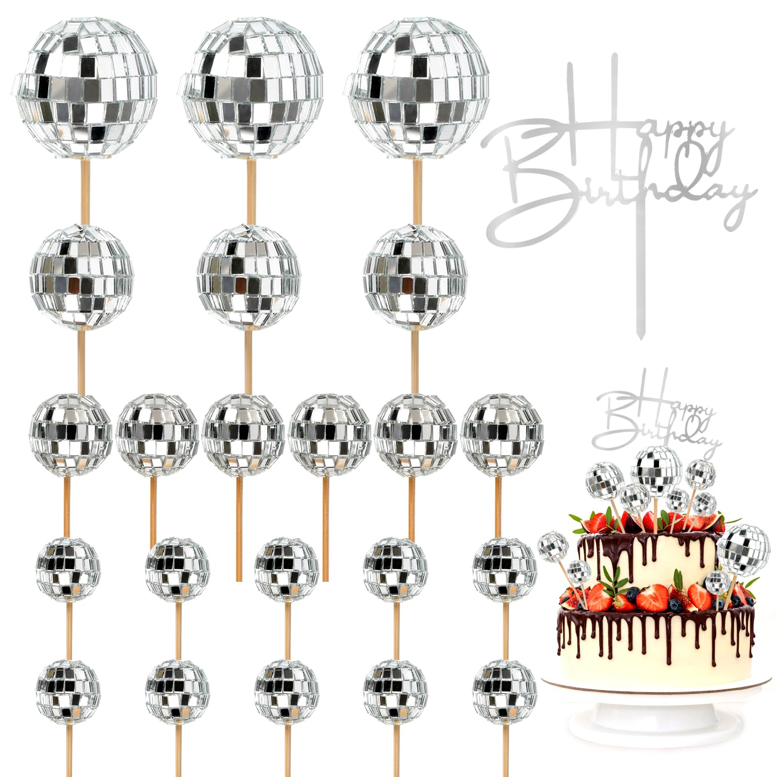 Amazon.com: 23pcs Disco Ball Cupcake toppers Happy Birthday Cake Topper ...