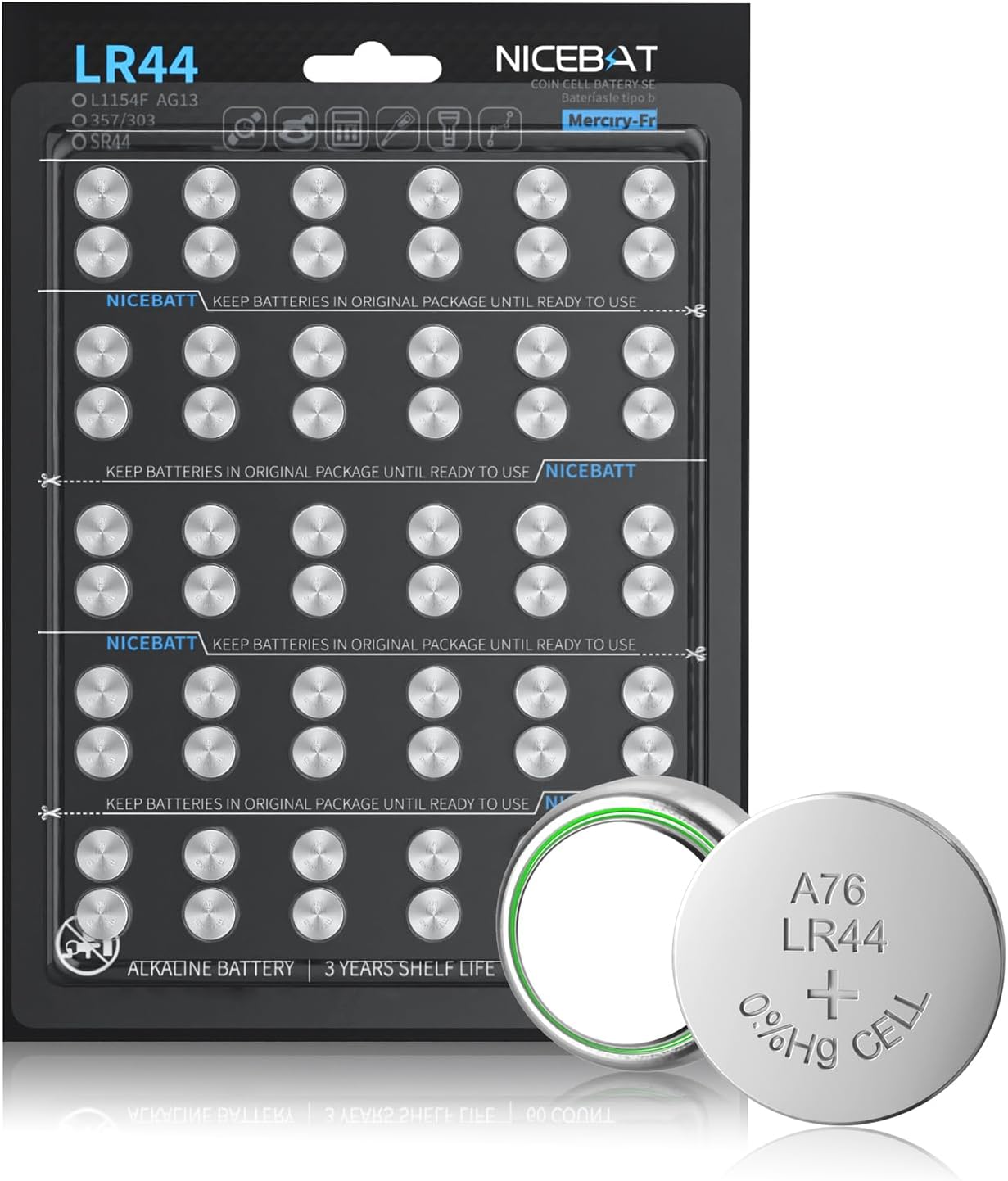 Amazon.com: NICEBATT LR44 Batteries 60 Pack, AG13 L1154F 357 303 SR44 ...