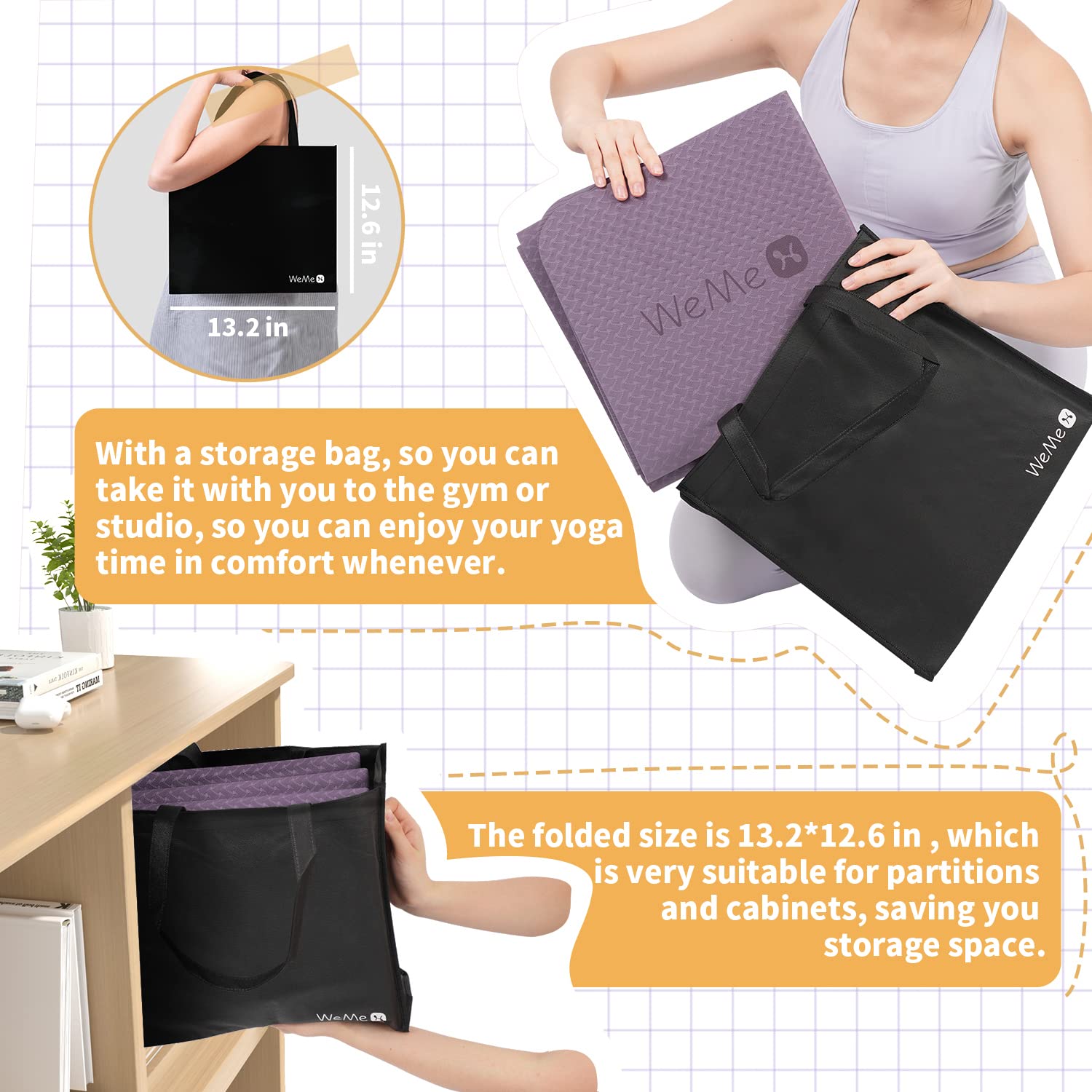 WeMe Yoga Mat, Folding Yoga Travel Mat with TPE Material Non Slip ...