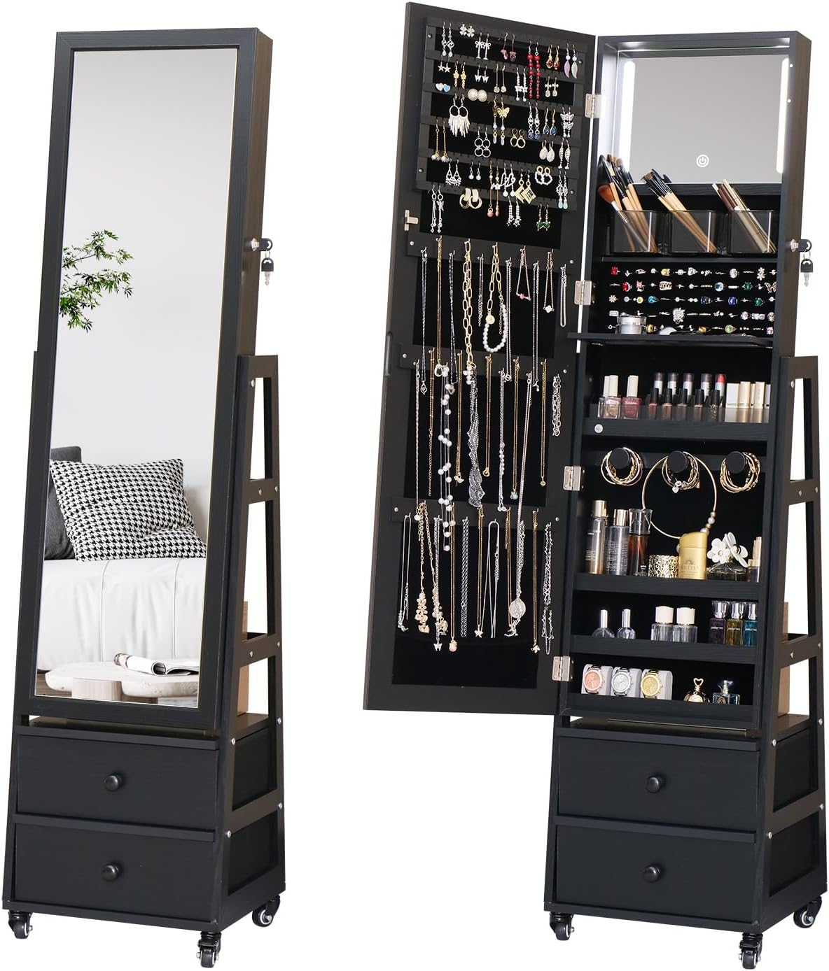 Amazon.com: IRONCK Jewelry Cabinet with 3 Drawers, Lockable Standing ...