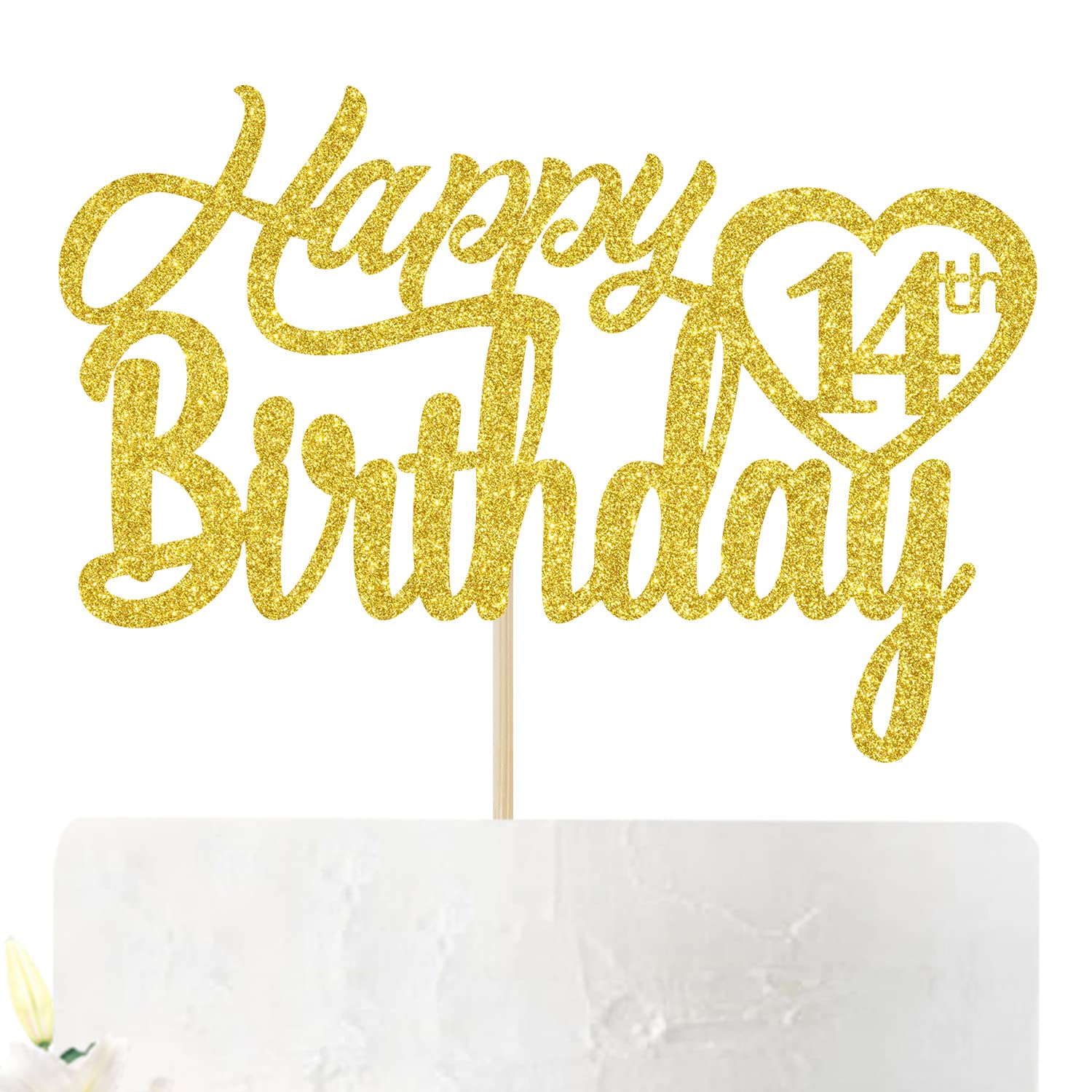 Gold Glitter Happy 14th Birthday Cake Topper Hello 14 Cheers ...