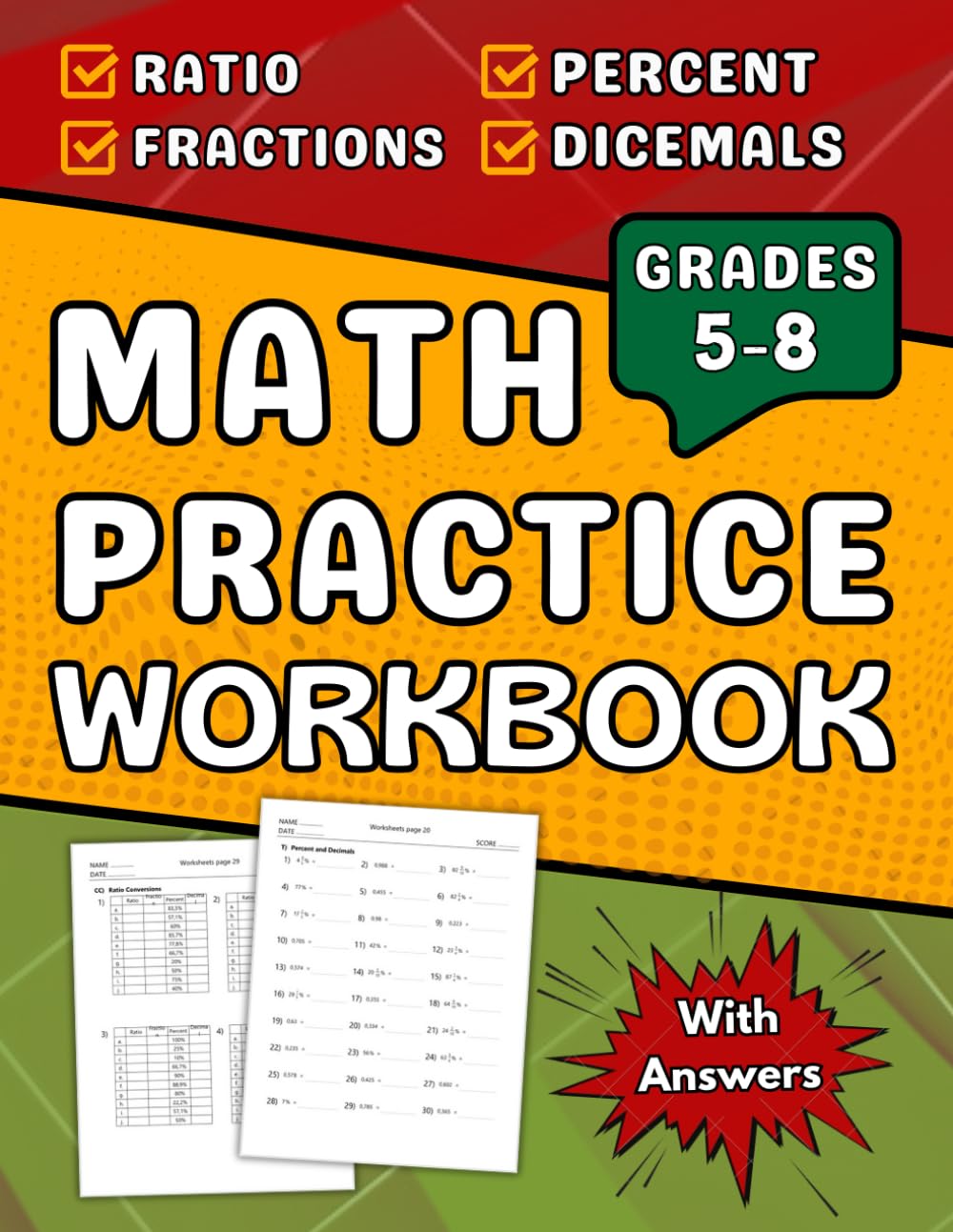 Math Workbook For Grades 5-8 Ratio, Percents, Fractions & Decimals: 5th ...