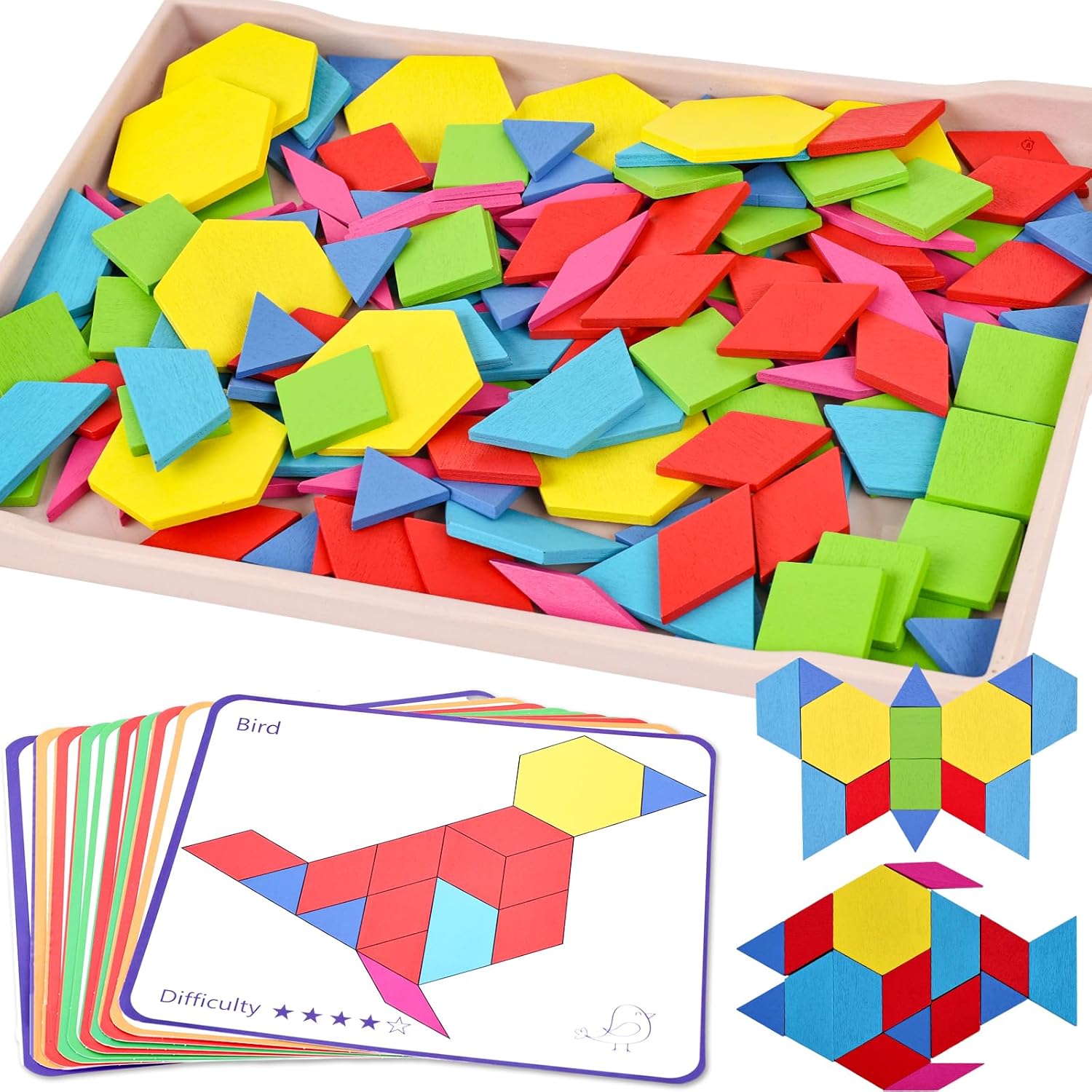 Amazon.com: 3 otters 150PCS Wooden Pattern Blocks Set, Tangram Puzzles ...