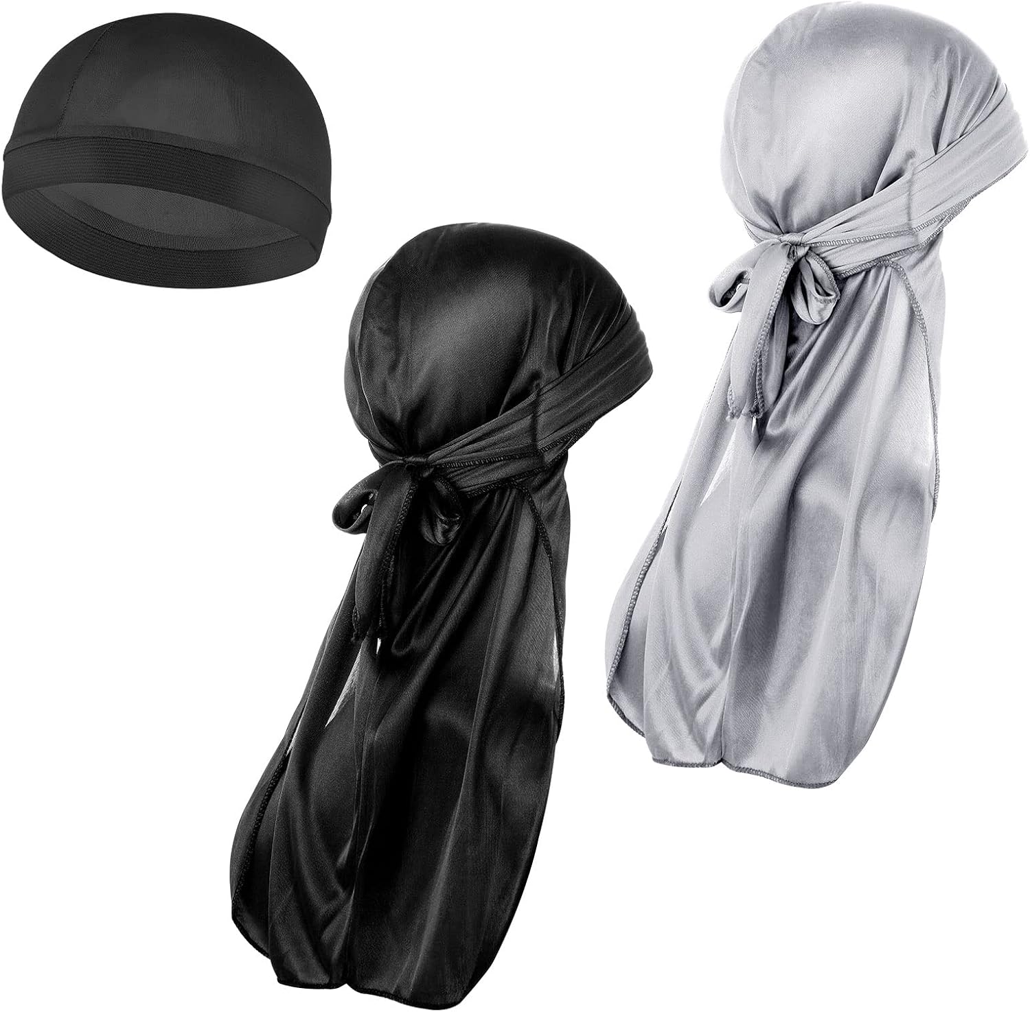 WLLHYF 3 Pieces Elastic Wave Cap Silky Durags Headwraps Dome Long Tail ...