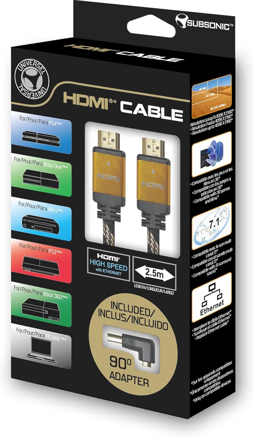Subsonic HDMI Cable 1.4 m + 90° Premium Adaptor for PS4 / PS3 / Xbox ...