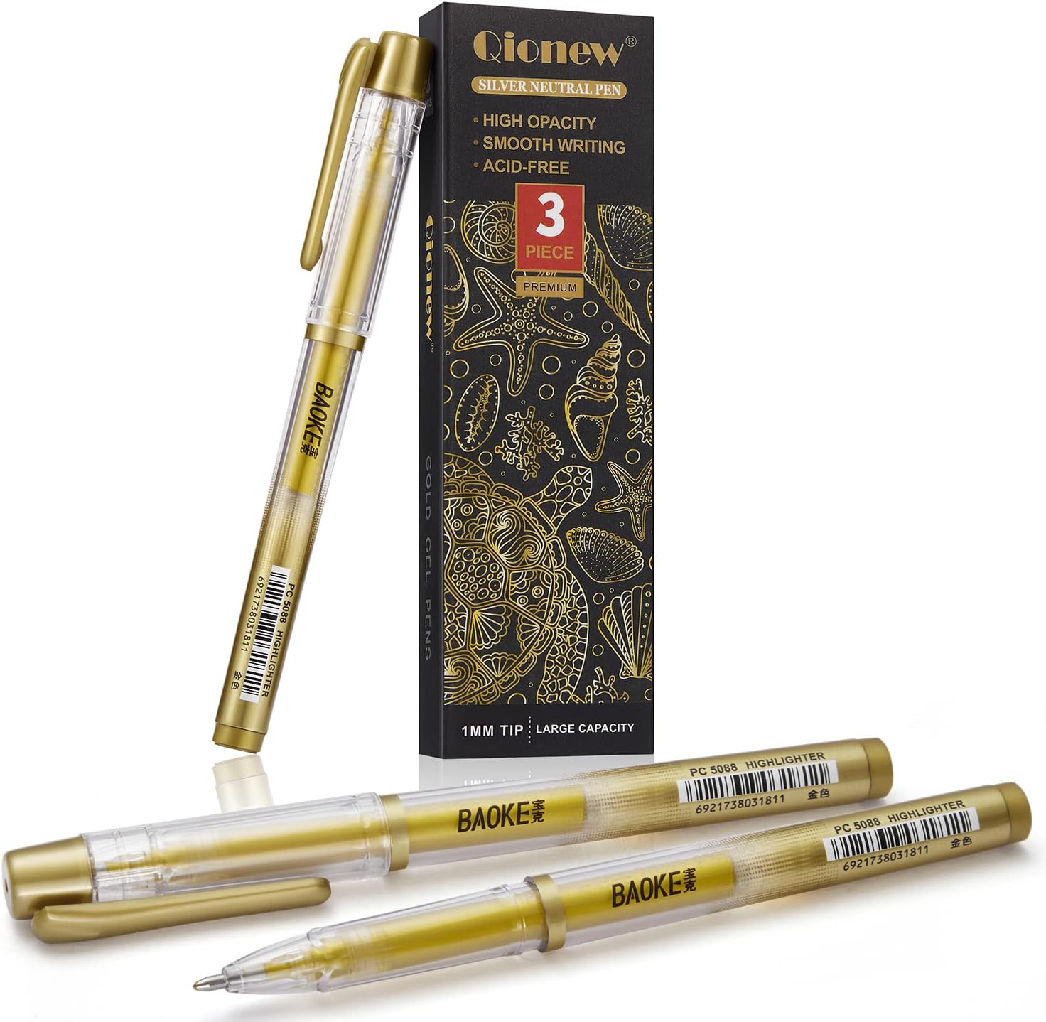 Qionew Gold Gel Pens, 3 Pack, 1mm Extra Fine Point Pens Gel Ink Pens ...