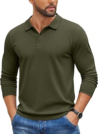 COOFANDY Mens Knit Polo Sweater Long Sleeve Casual Golf Polo Lightweight Dress Button Collar ...