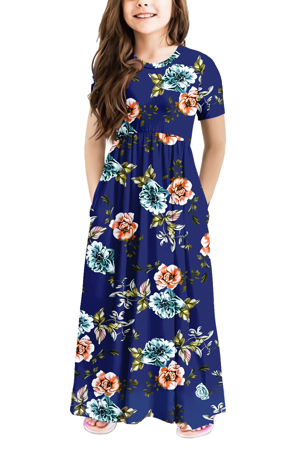 storeofbaby Girls Maxi Dress Summer Short Sleeve Floral Print Sundress ...