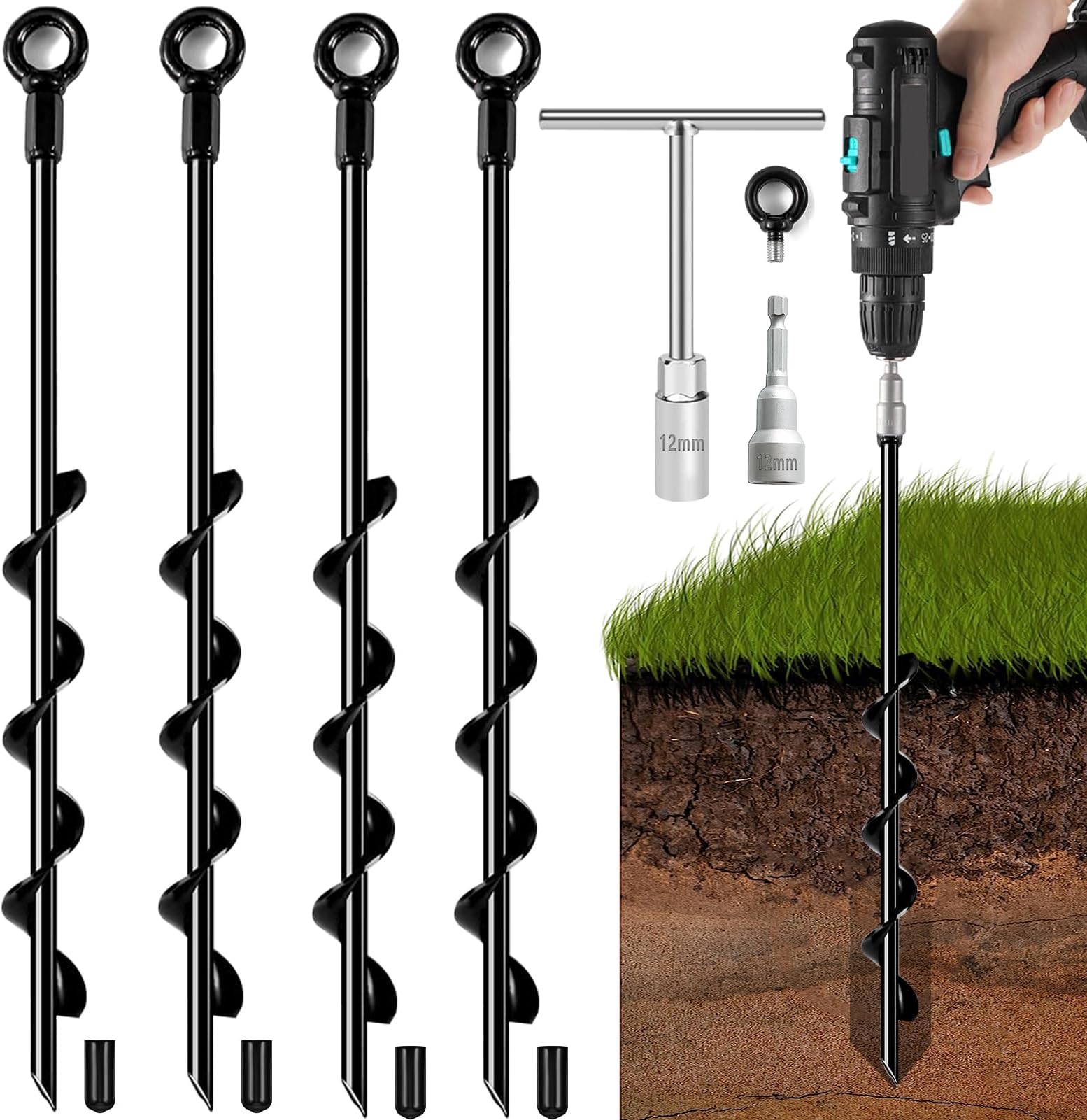 Amazon.com : VASGOR 16” Ground Anchors (4pcs) Easy to Use with Drill ...