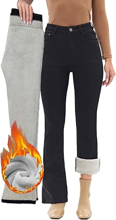 Fakanhui Women's Fleece Lined Jeans Flared Bootcut Winter Thermal ...