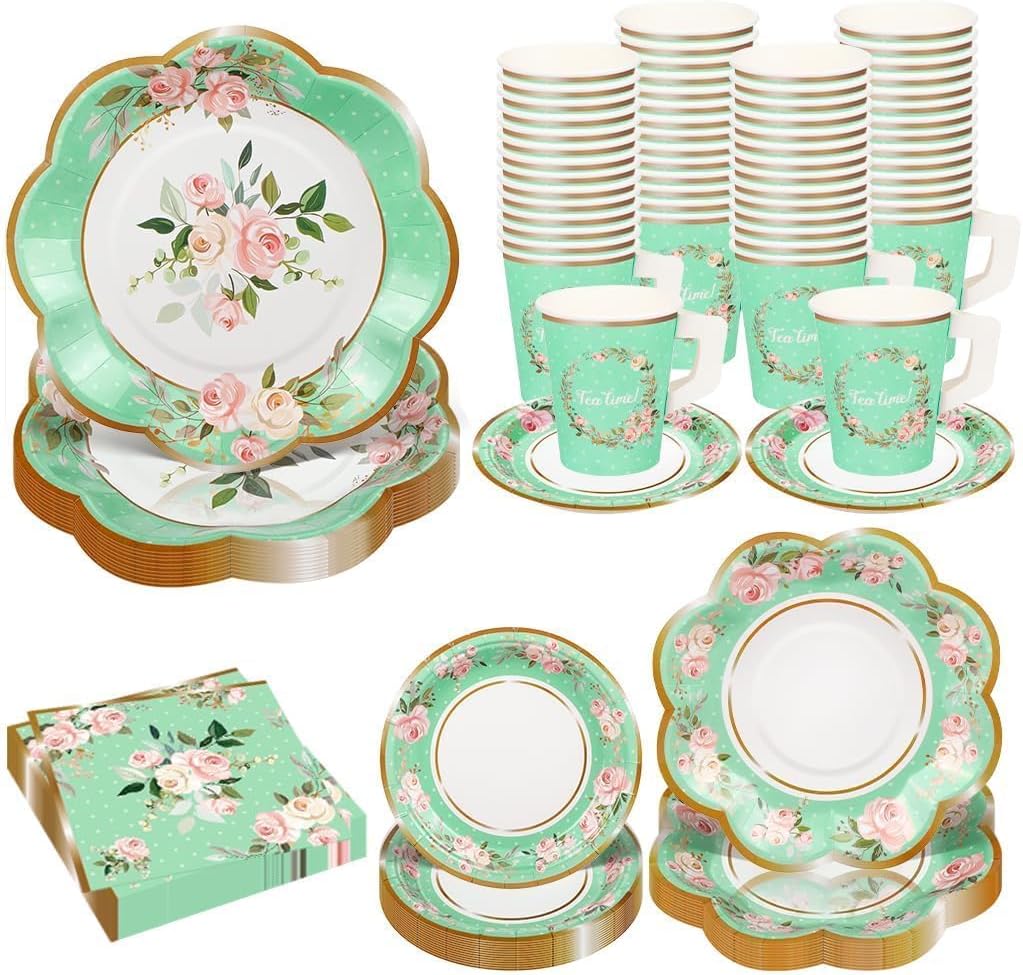 Amazon.com: Tea Party Supplies Floral Dinnerware Gold Foil 12 Sets Pink ...