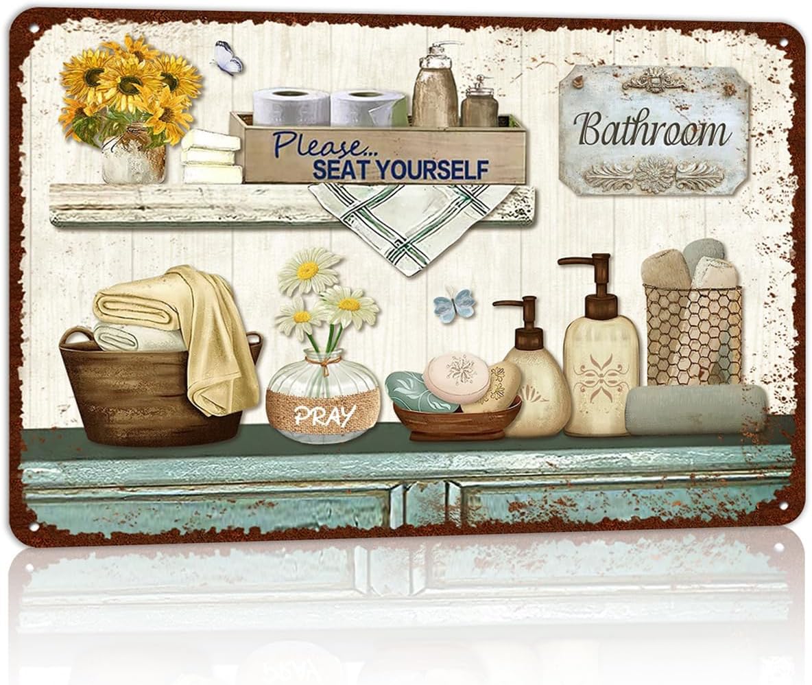 Amazon.com: Vintage Farmhouse Bathroom Metal Tin Signs Rustic Flower ...