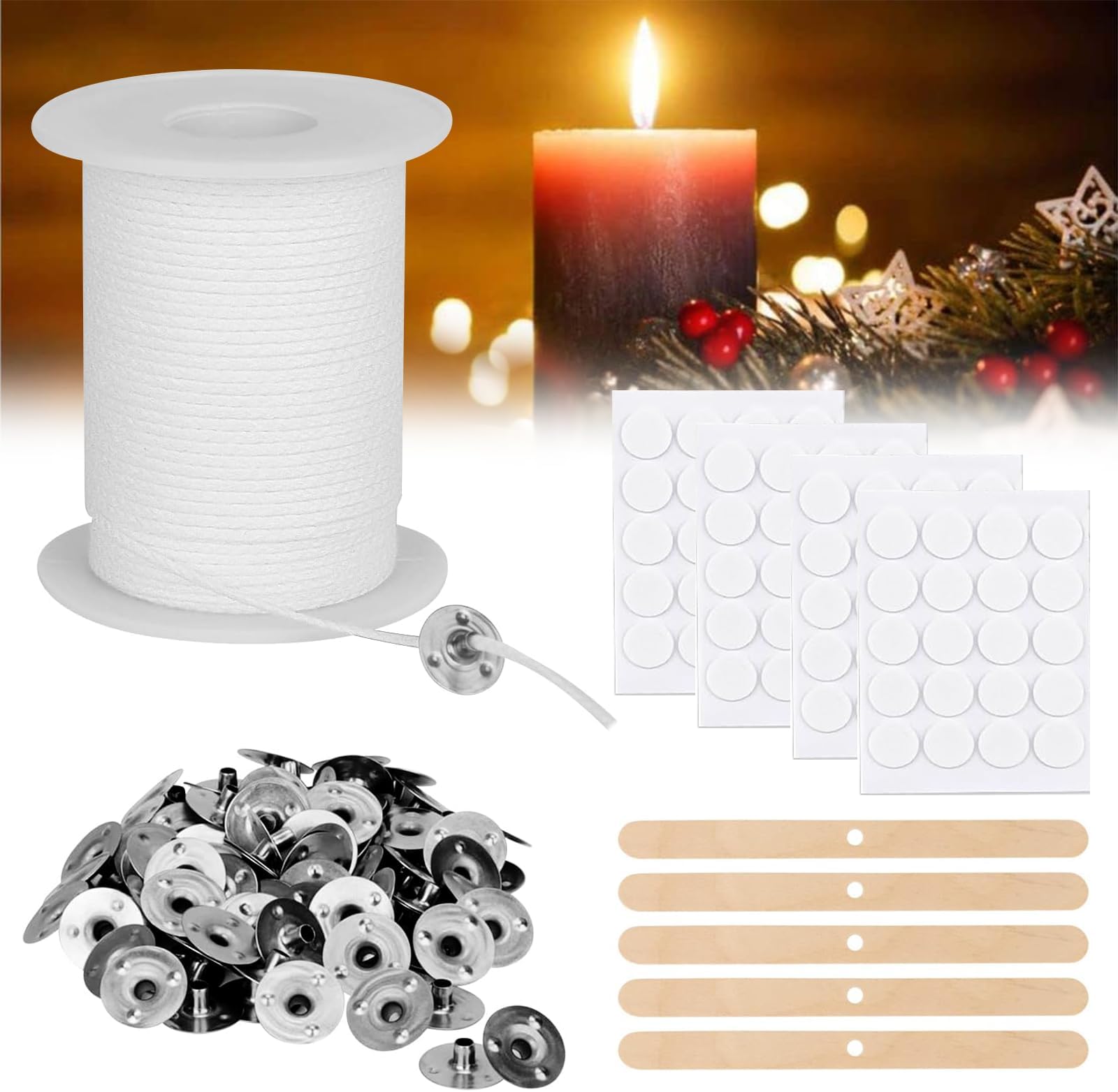 Pack of 50 Pre Waxed Wicks for Candle Making with Sustainers (20cm ...