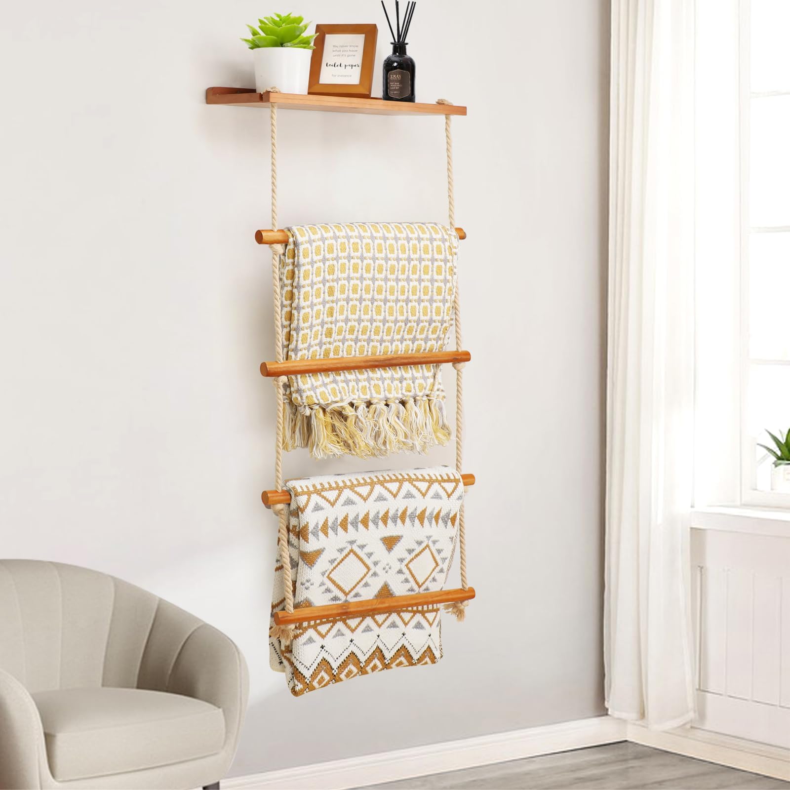 Amazon.com: Briwooody 5 Layer Farmhouse Wooden Blanket Ladder 2 in 1 ...