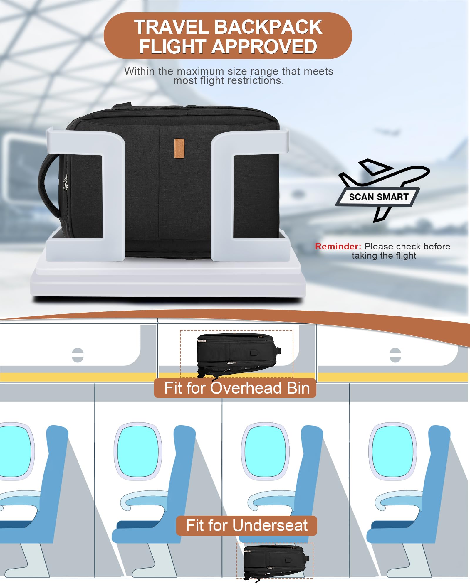 Black Laptop Travel Backpack For Women Men Airline Approved Carry On ...