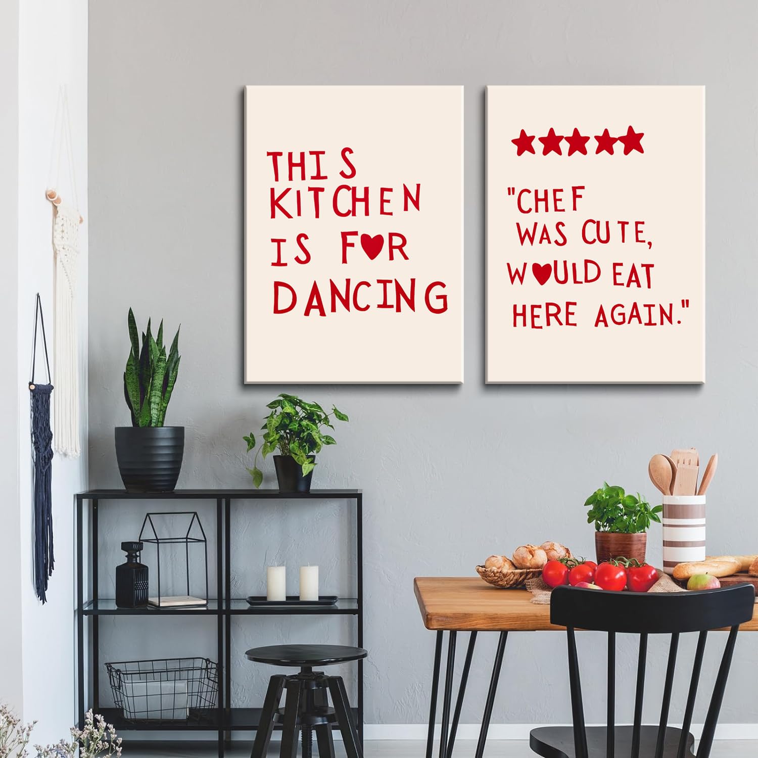 2Pcs Framed Funny Kitchen Canvas Wall Art Trendy Red Minimalist Stars ...