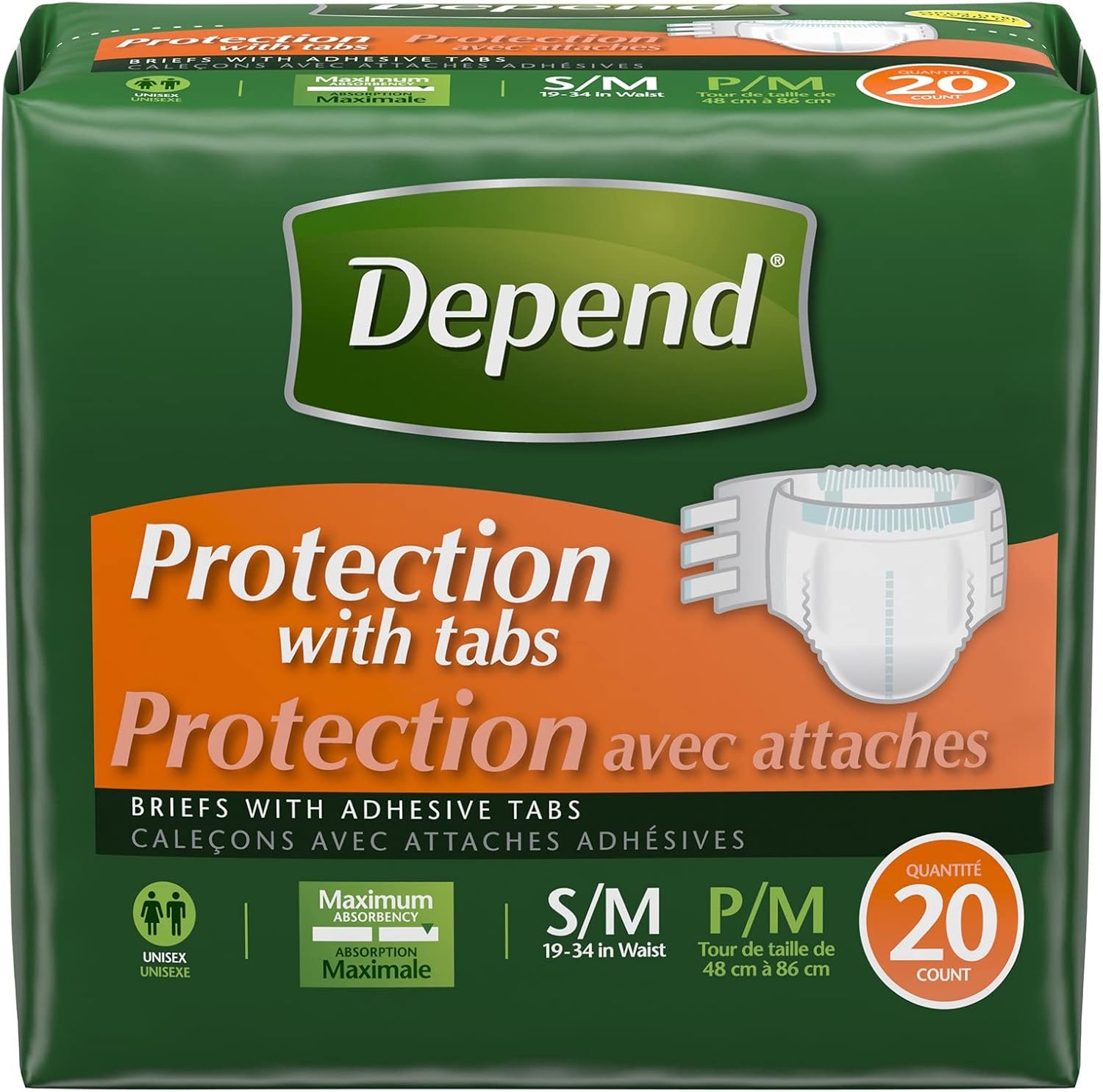 Depend Protection with Tabs, Maximum Briefs S/M, 20 Count 19-34 in ...