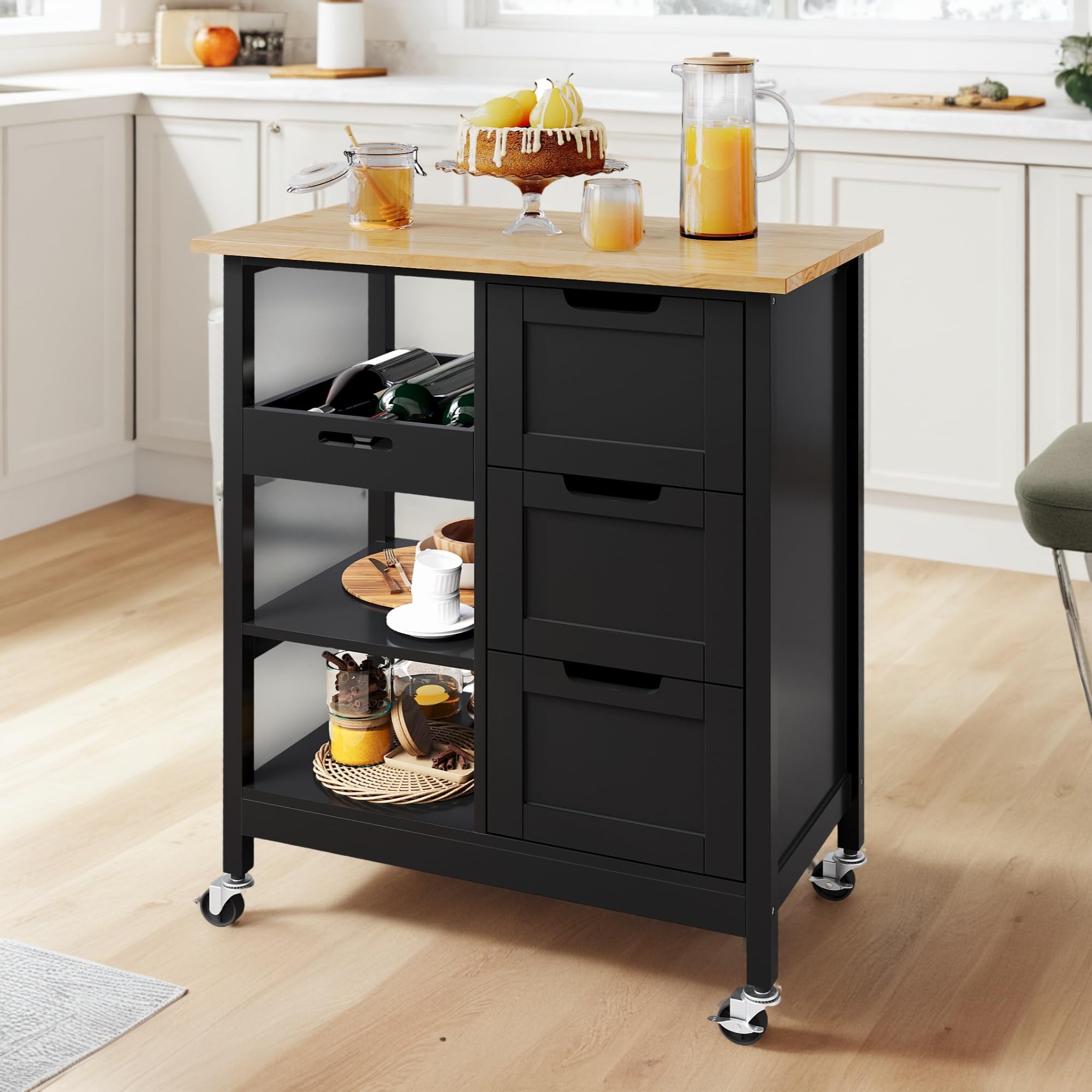 Amazon.com: DWVO Rolling Kitchen Island Cart with 3 Drawers, Soild ...
