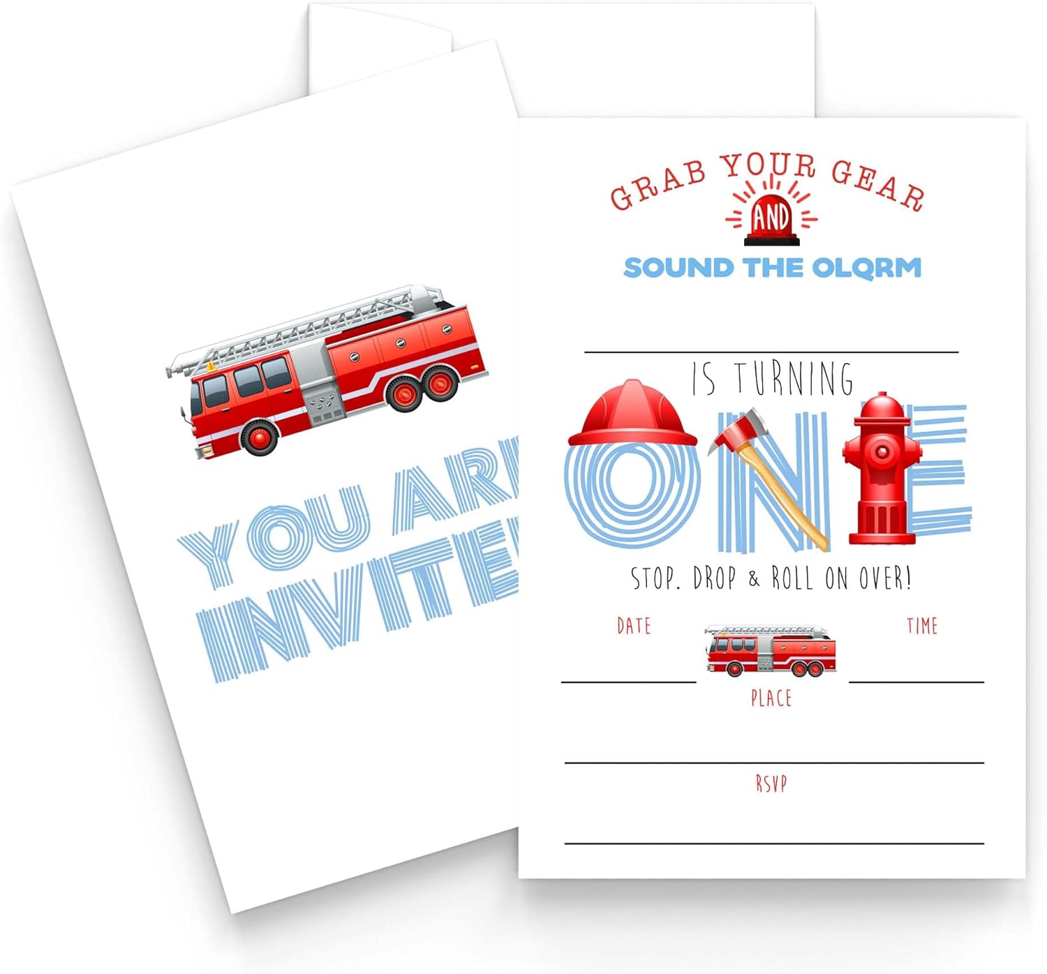 Fire Truck Birthday Invitations With Envelopes, 1st Firefighter ...