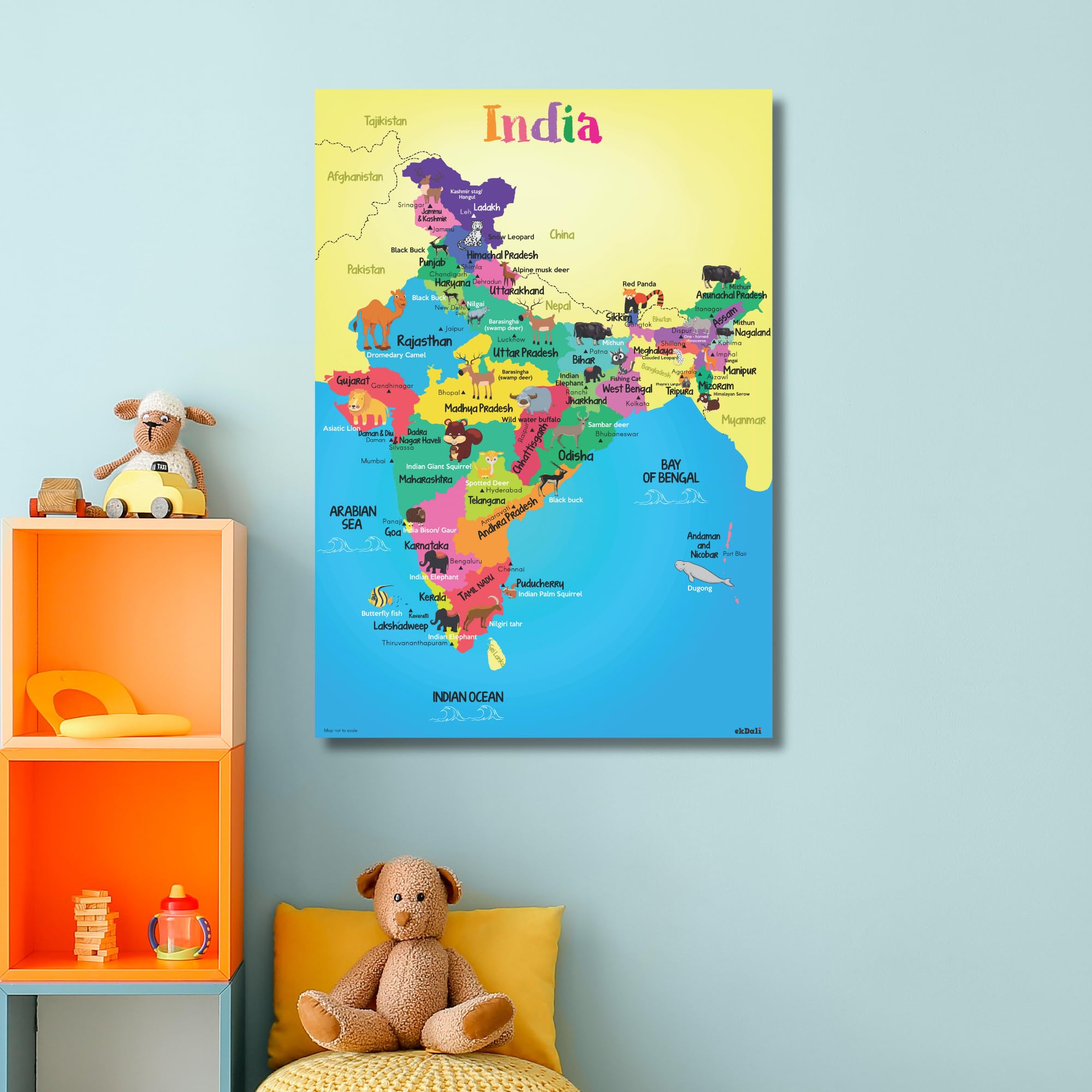 Ekdali India Map with States Capitals. Animals for Kids 13 X 19 inches ...