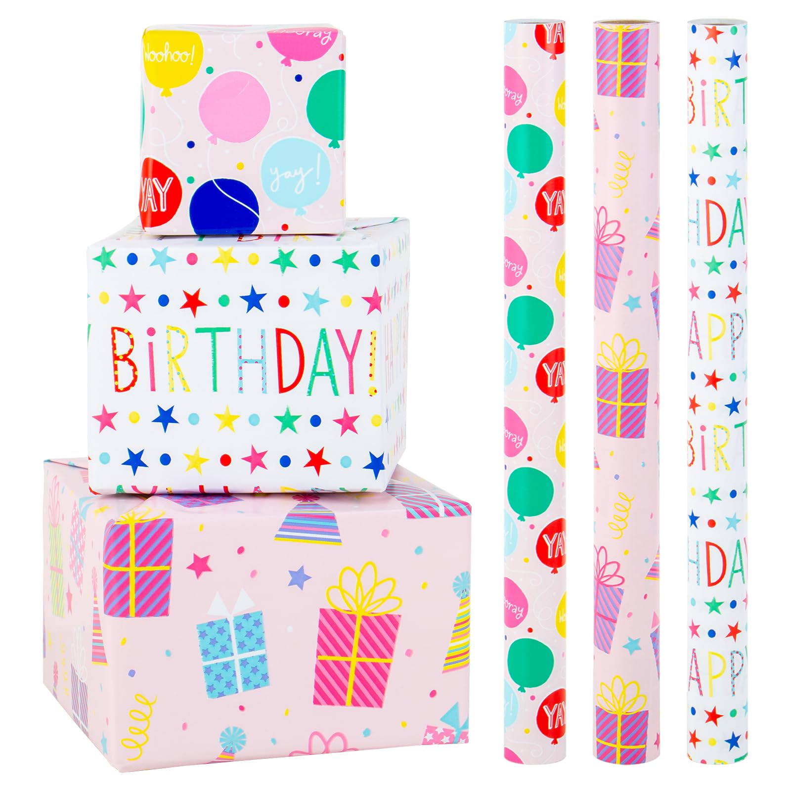 Amazon.com: Homeral Birthday Wrapping Paper Roll Set-42.5sq.ft Pink ...