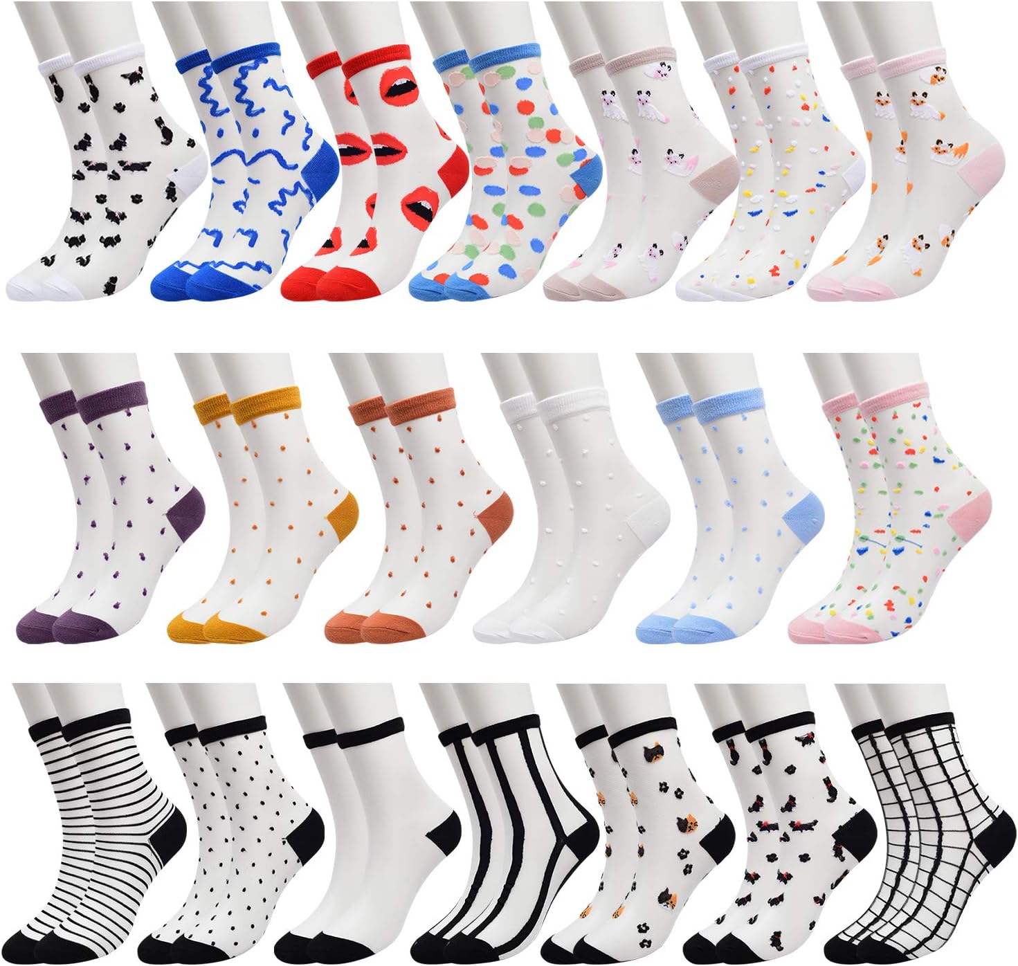 Amazon.com: 20 Pairs Women's Fishnet Socks Lace Sheer Mesh Transparent ...