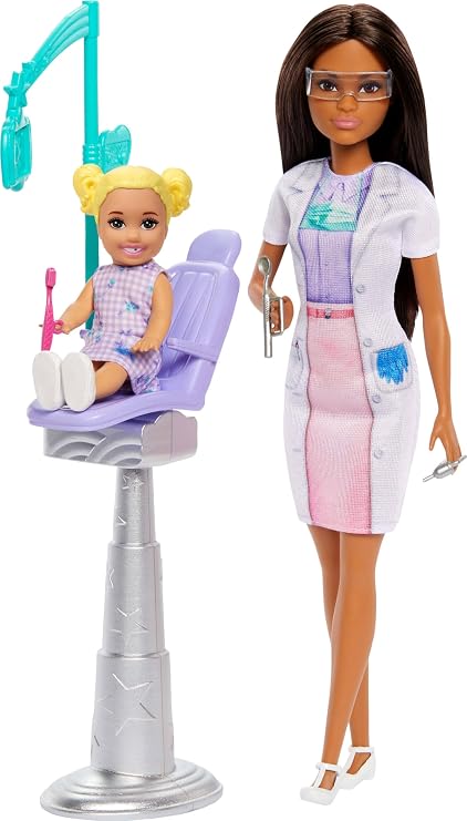 Amazon.com: Barbie Dentista con muñeca de moda morena con vestido azul ...