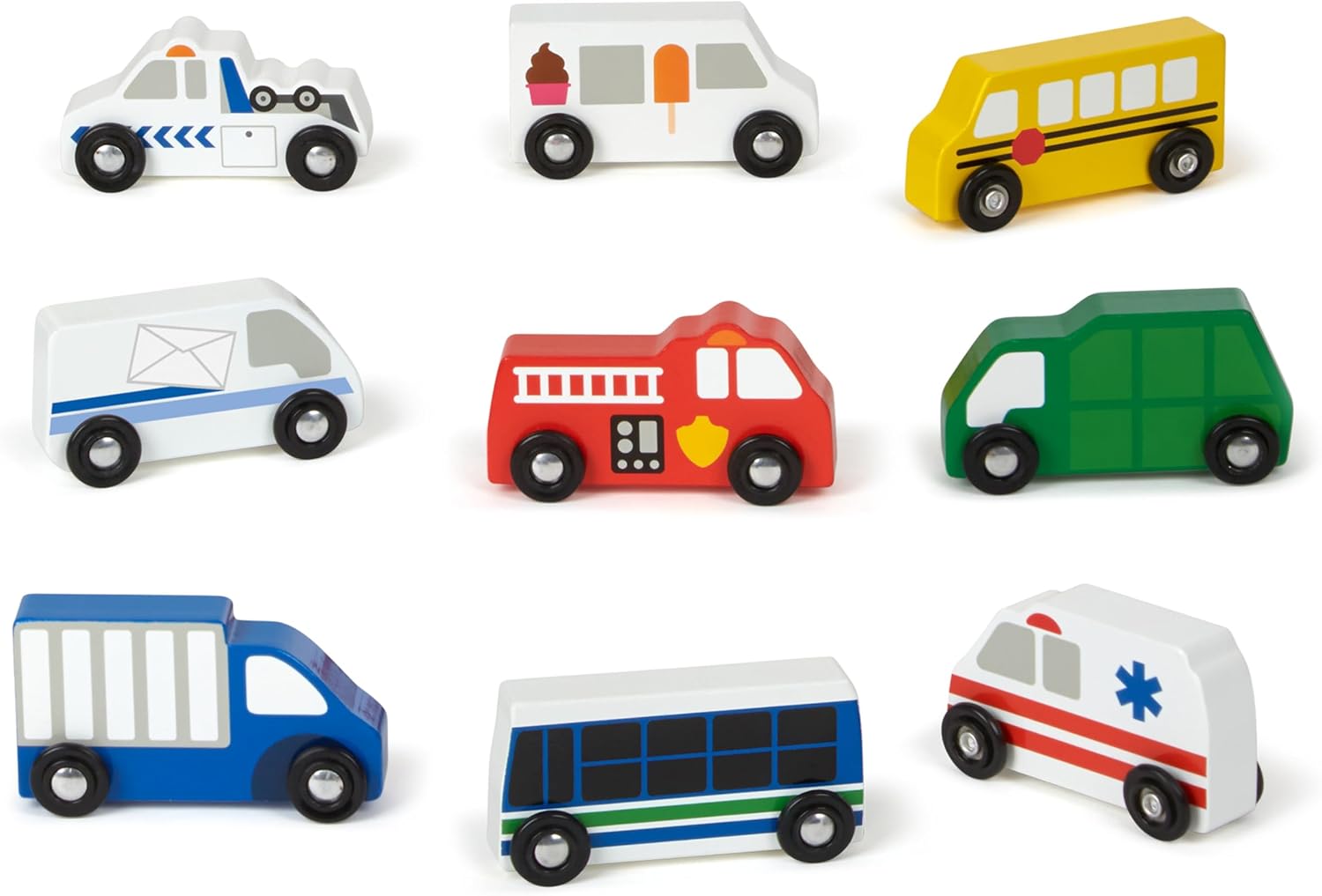 Melissa & Doug Wooden Town Vehicles Set in Wooden Tray (9 pcs ...