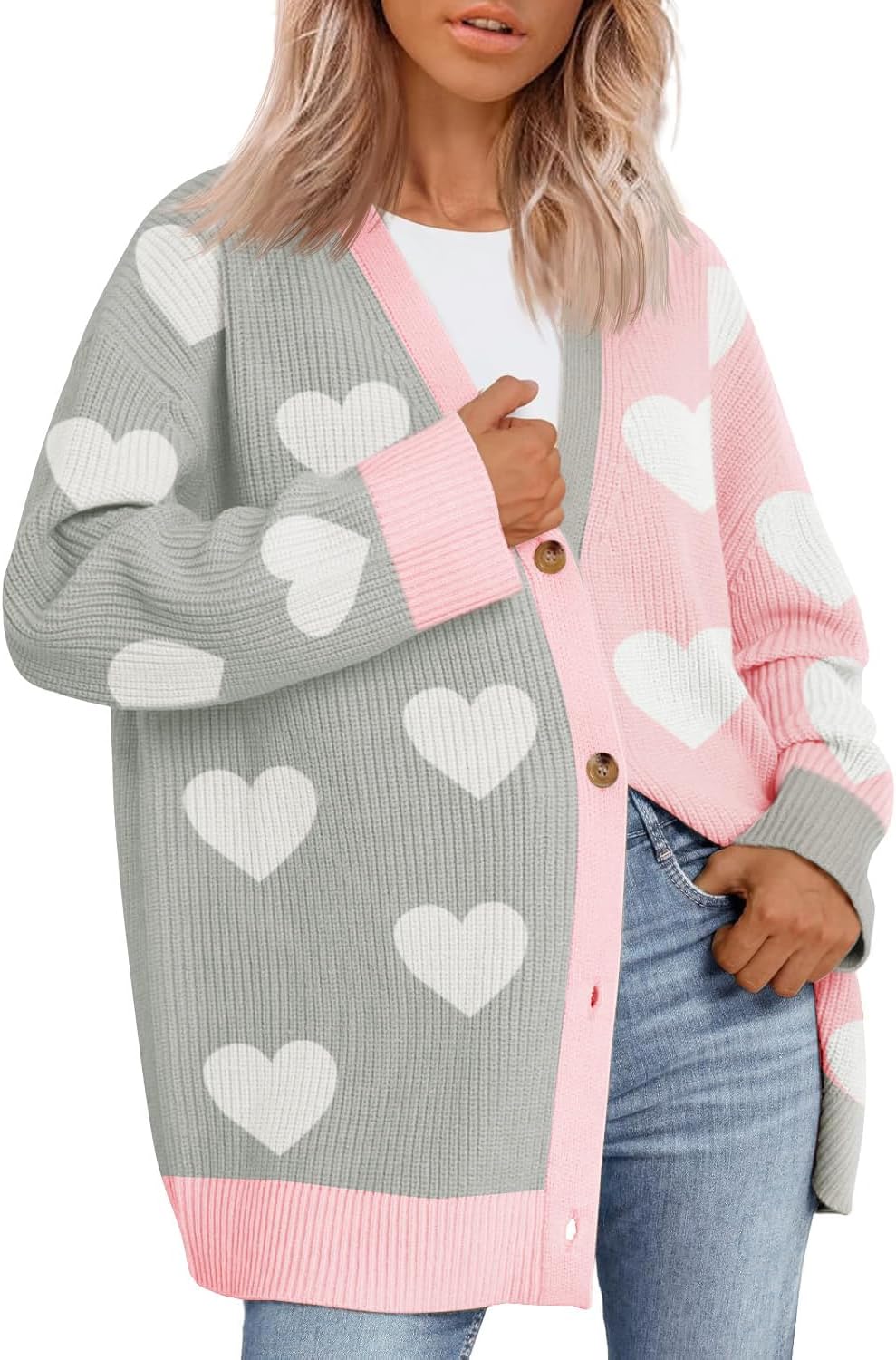 Saodimallsu Womens Heart Cardigan Sweaters Valentines Oversized Winter Color Block Button Up ...
