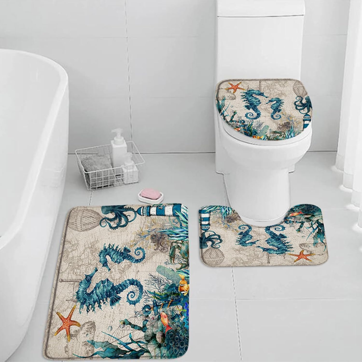 Amazon.com: 3PCS Nautical Seahorse Bathroom Rug Set Octopus Tentacles ...