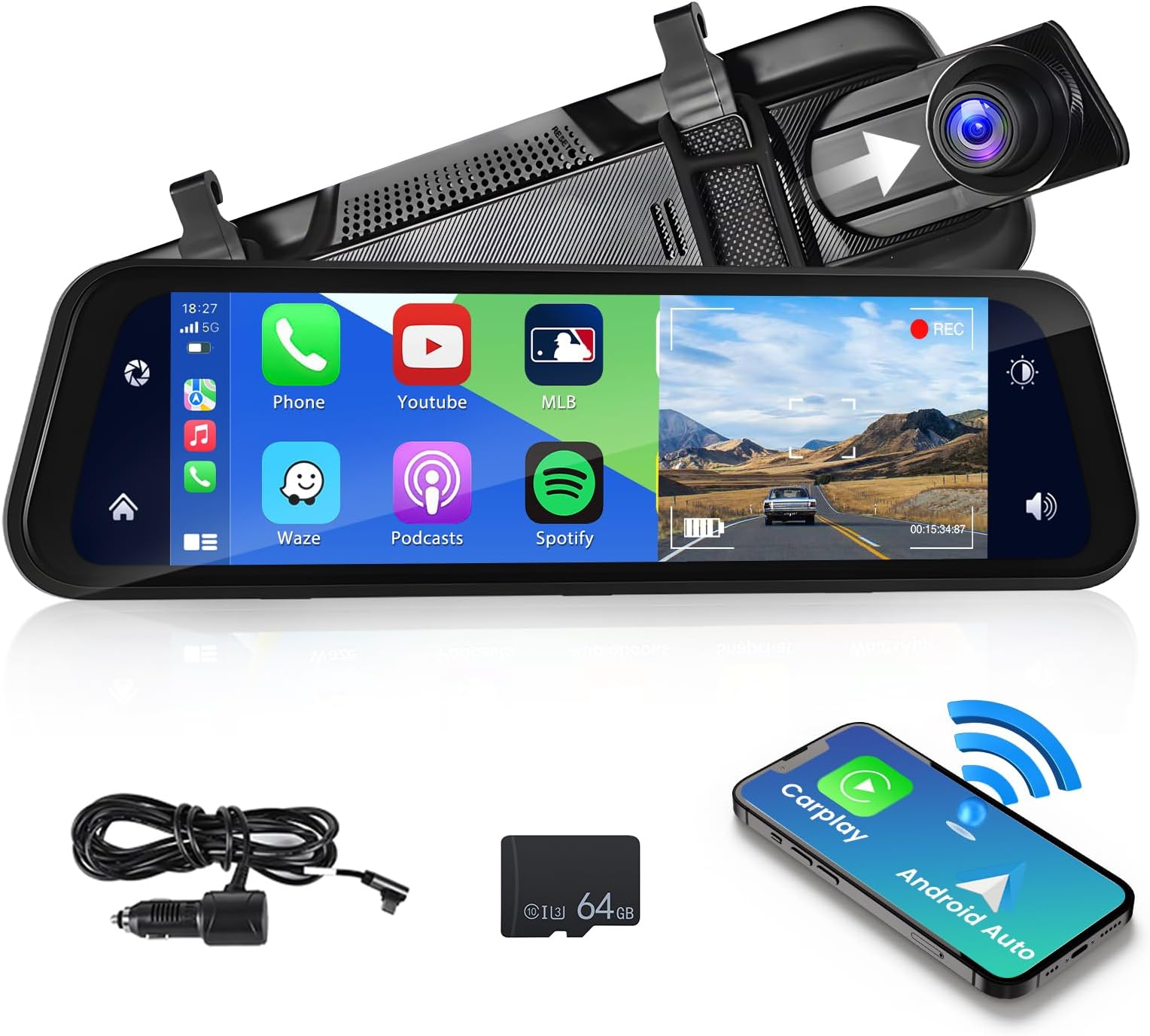 Hikity 9.66" 1080P IPS Touch Screen Mirror Dash Cam with 64GB TF Card ...