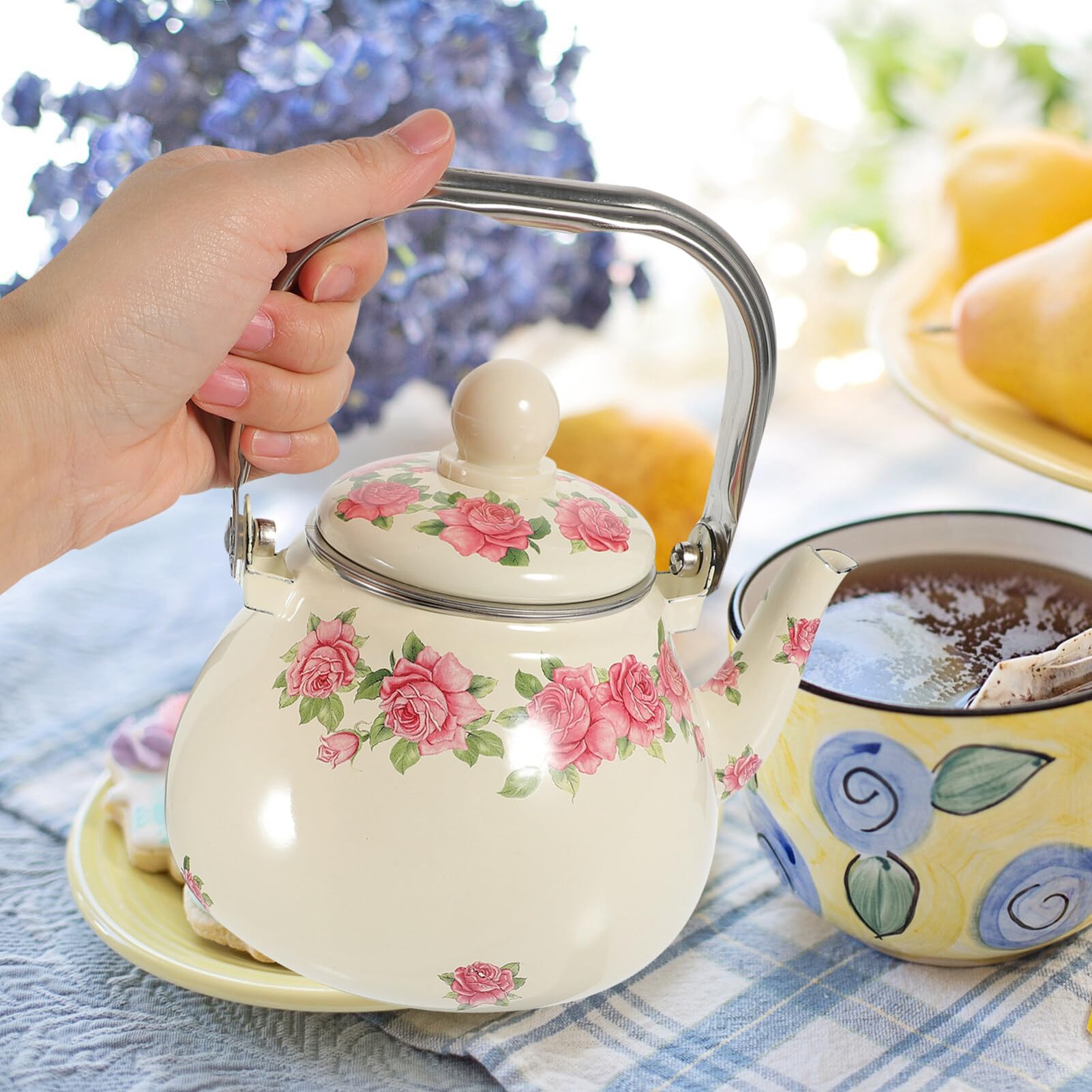 Vintage Kettles With Flowers 1.1L Enamelled Antique Bell Jug At First
